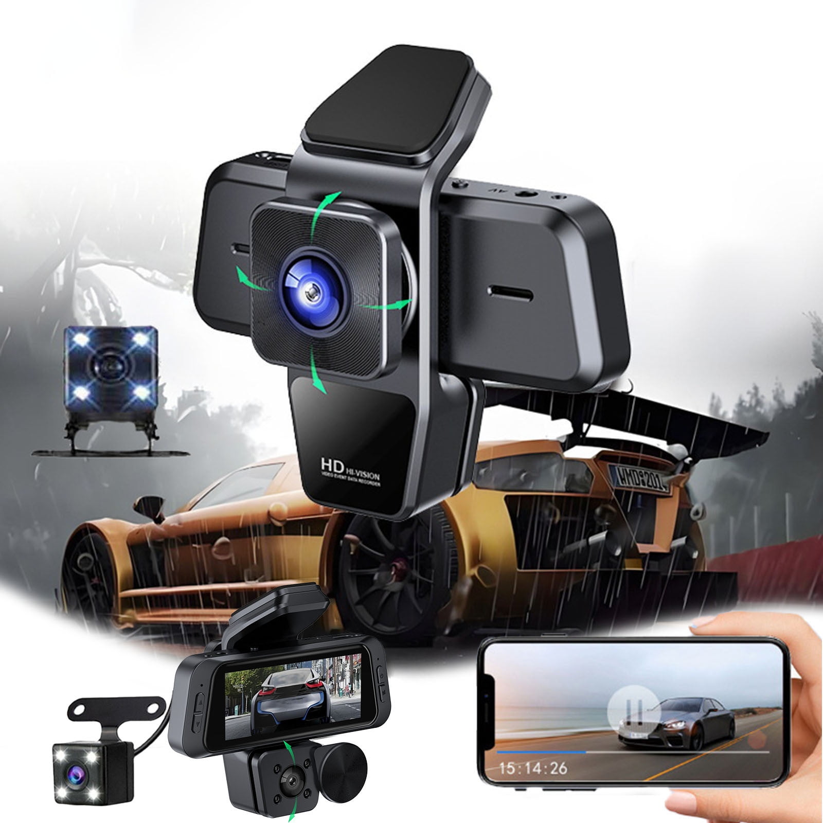 CxhicLuv 3-Channel Dash Cam, Triple Lens Car DVR 4.1×2.3 Inch 170° Wide ...