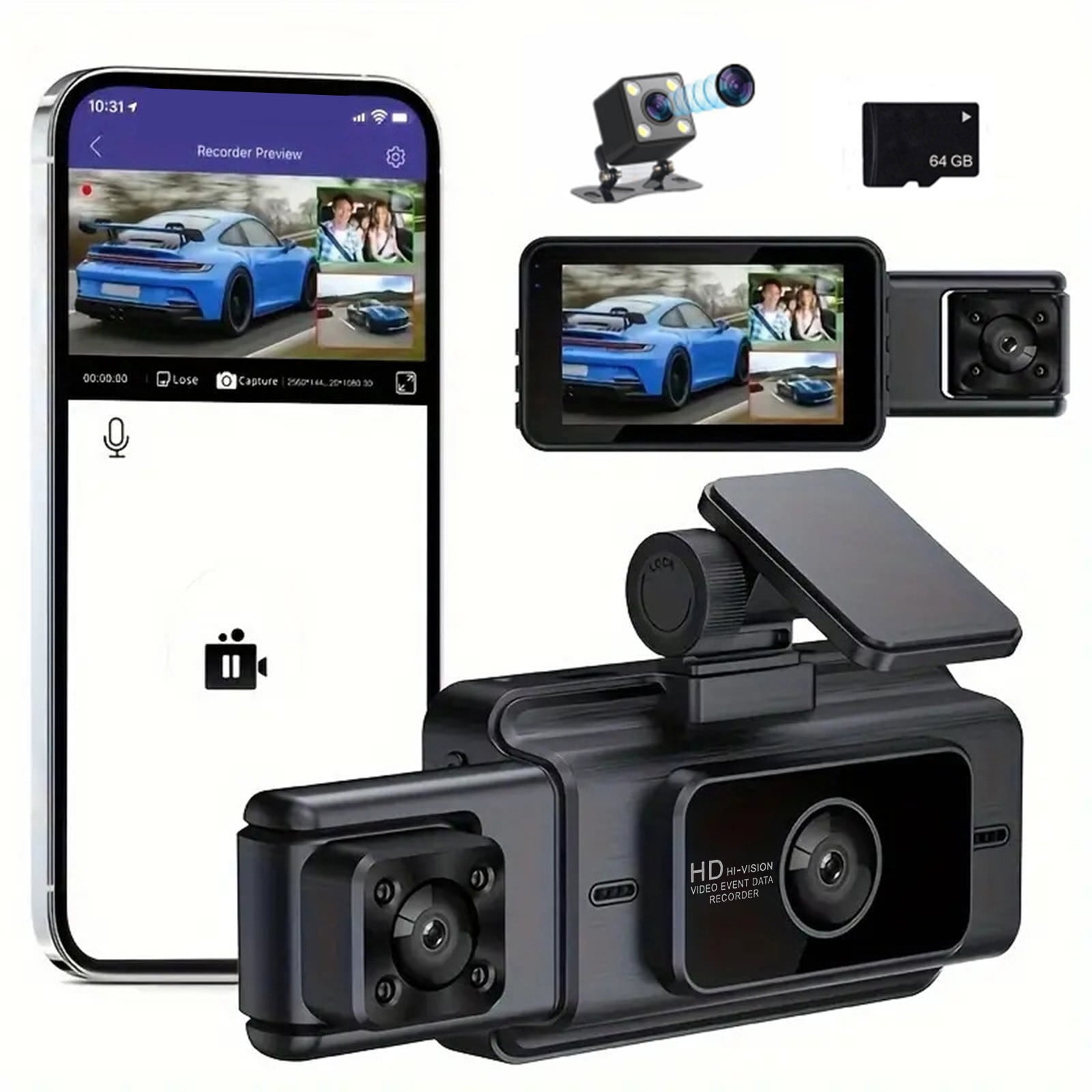 CxhicLuv 3-Channel Dash Cam, Triple Lens Recorder with Card 4.8×1.9 ...
