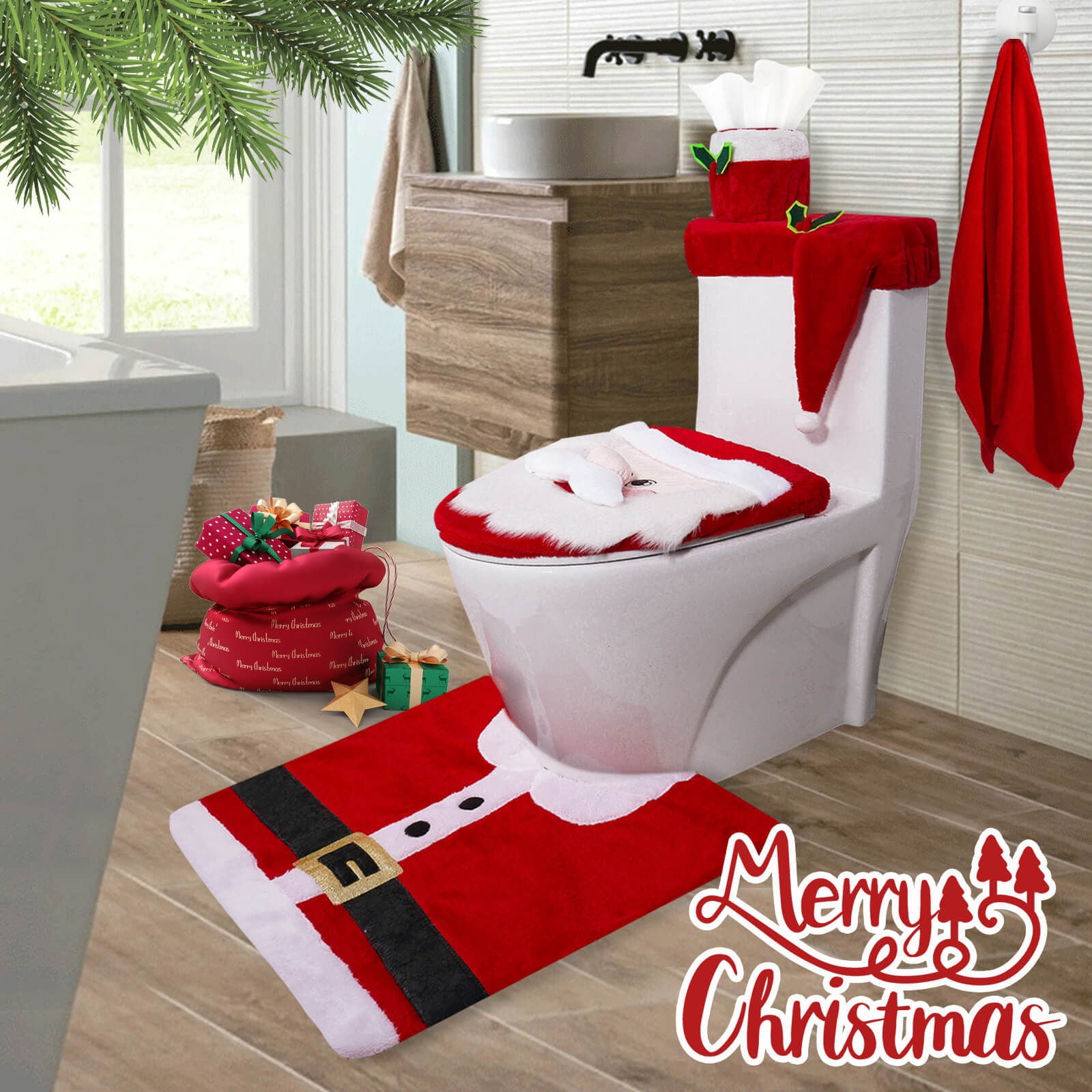 CxhicLuv Christmas Toilet Cover Set, 5-Piece Bathroom Décor, Santa ...
