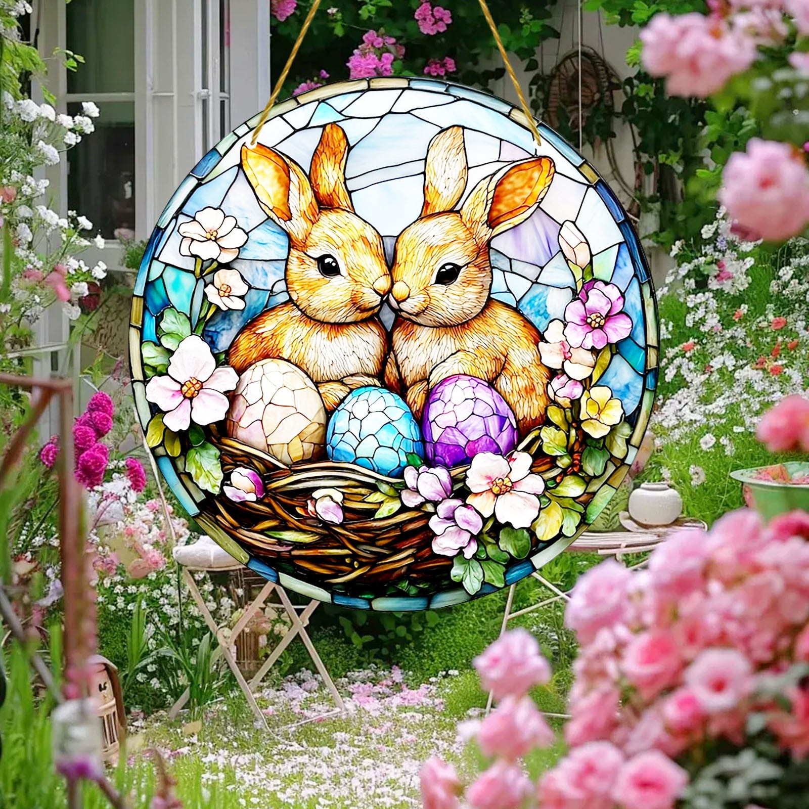 CxhicLuv Easter Bunny Stained Glass Suncatcher, Circular Design with ...