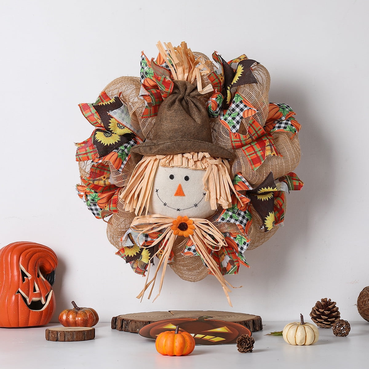 CxhicLuv Fall Thanksgiving Wreath with Scarecrow, Handcrafted Autumn ...