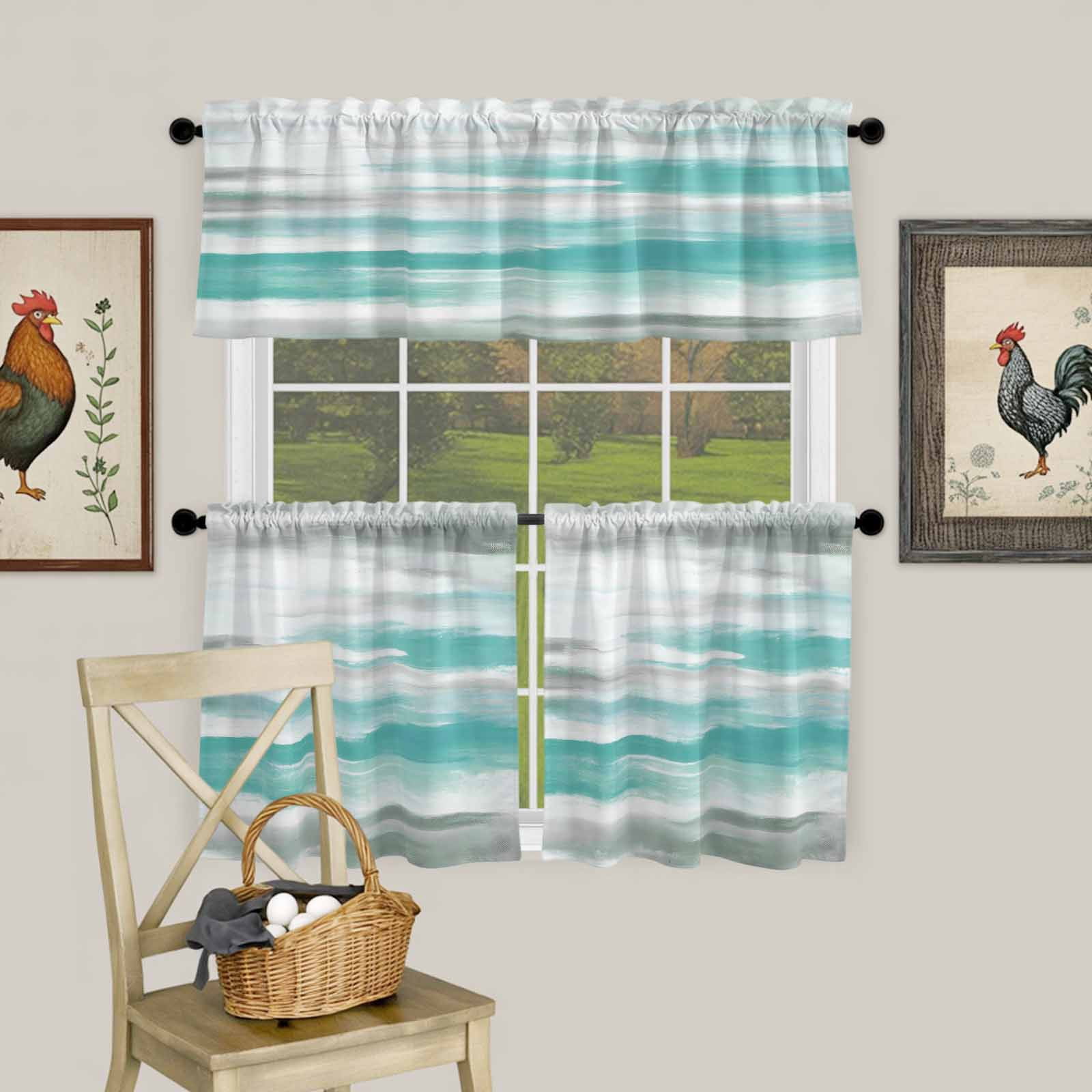 Cyan Abstract Texture Curtain Tier and Valance Set 3 Piece, Gradient ...