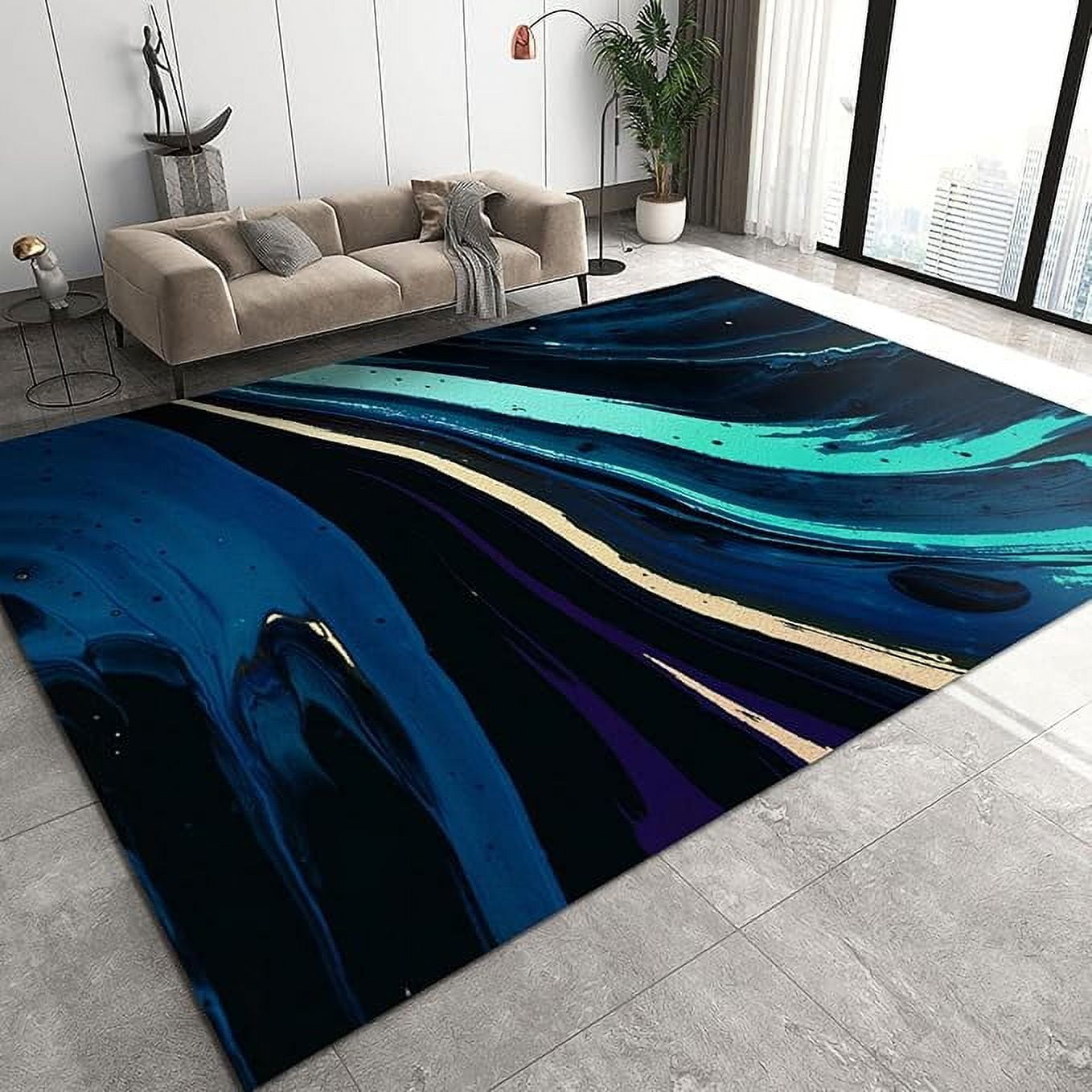 Cyan Blue Abstract Marble Texture Area Rug, Retro Simple Luxury Floor ...