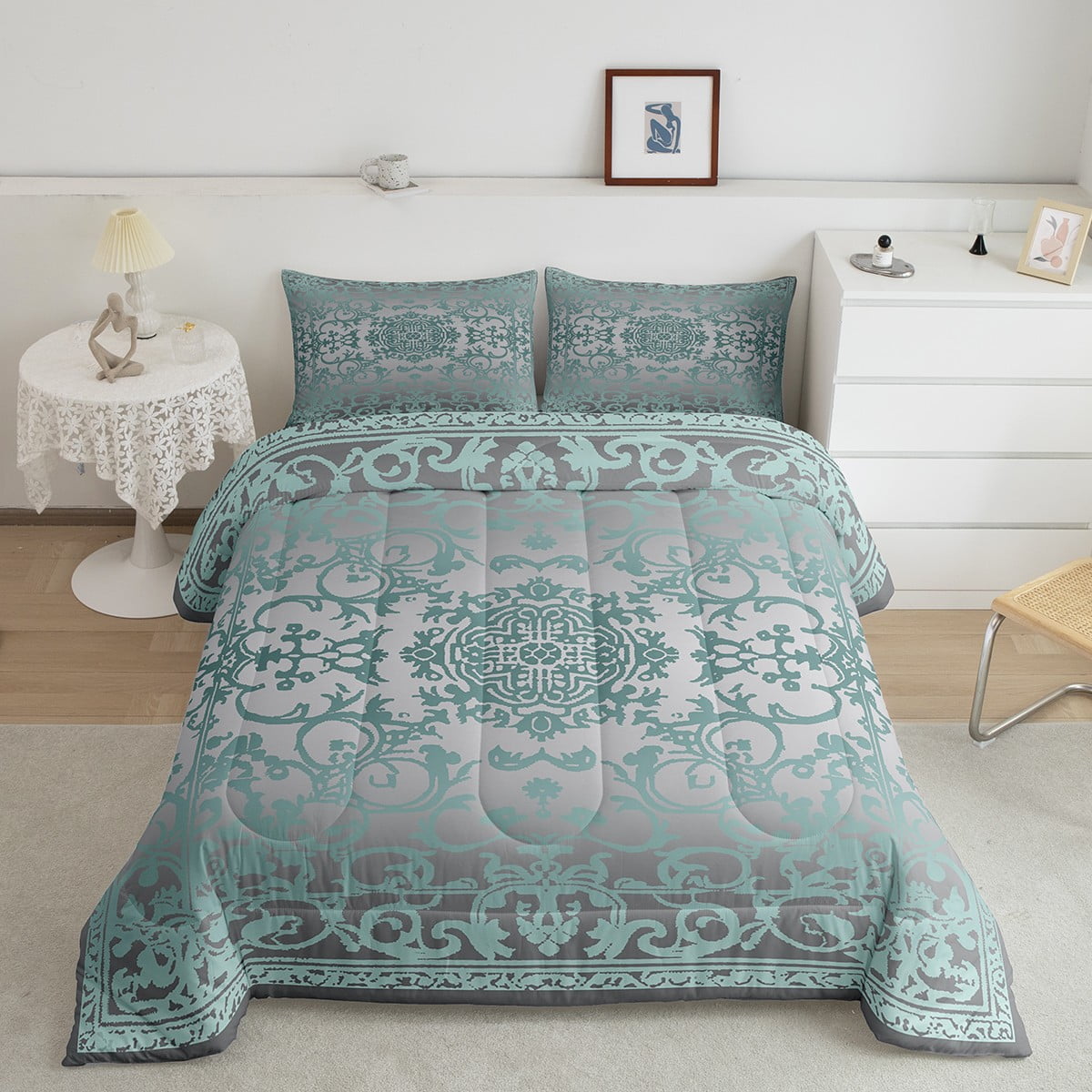 Cyan Damask Comforter Set Gothic Queen Bedding Sets,Victorian Quilt ...