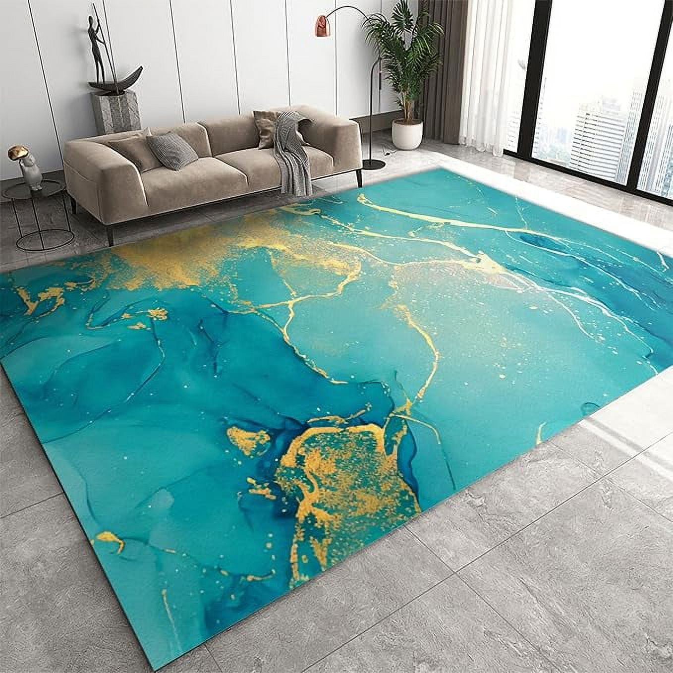Cyan Gold Marble Texture Area Carpet, Retro Abstract Luxury Rug For ...