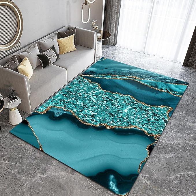 Cyan Gold Marble Texture Area Rug, Retro Abstract Light Luxury Carpet ...