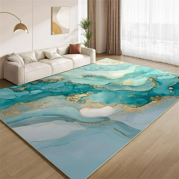 Cyan Golden Marble Rug 5x6 Area Rugs Fluid Gold Foil Texture Rugs Soft ...