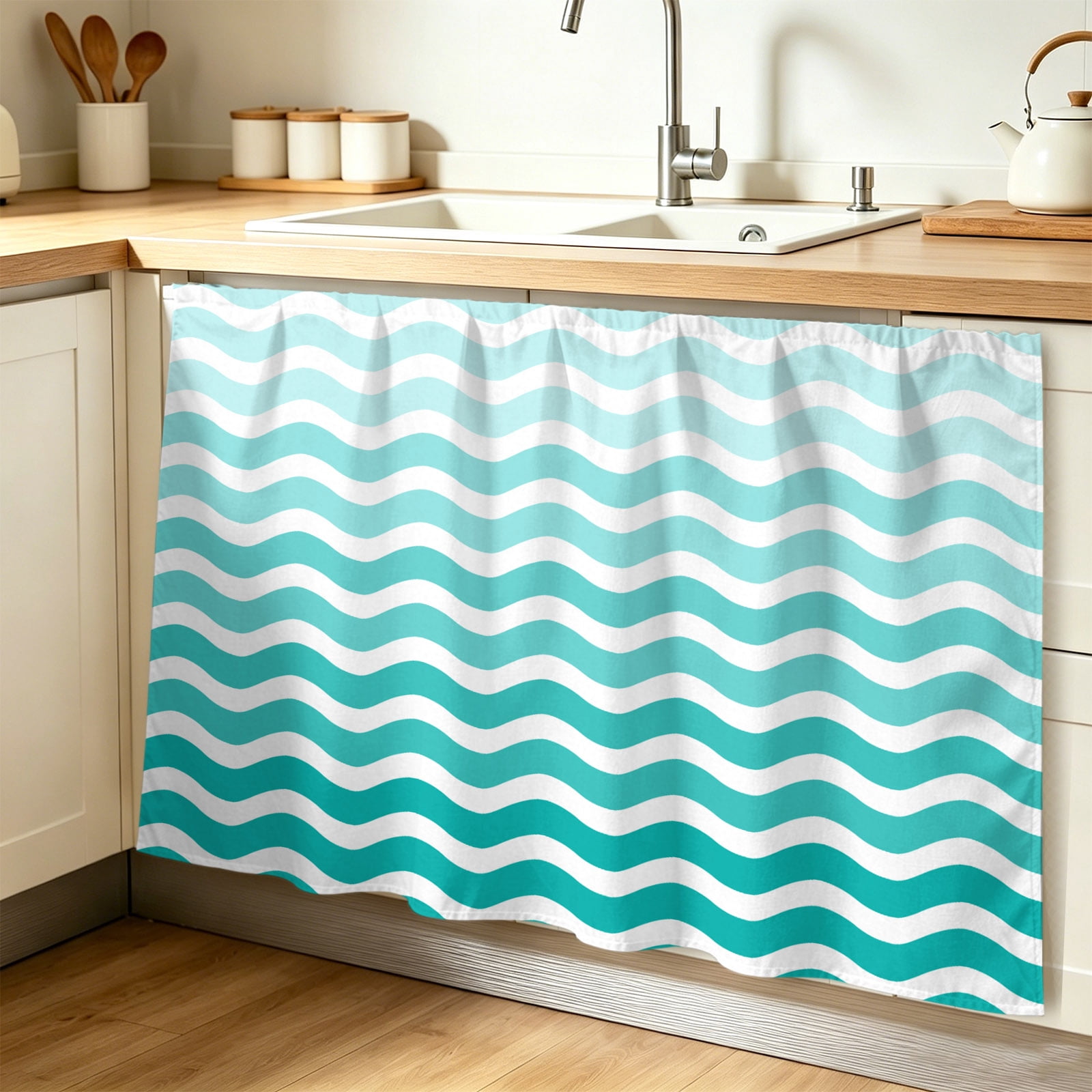 Cyan Gradient Cabinet Curtain, Water Ripple Sink Skirt for Bathroom ...