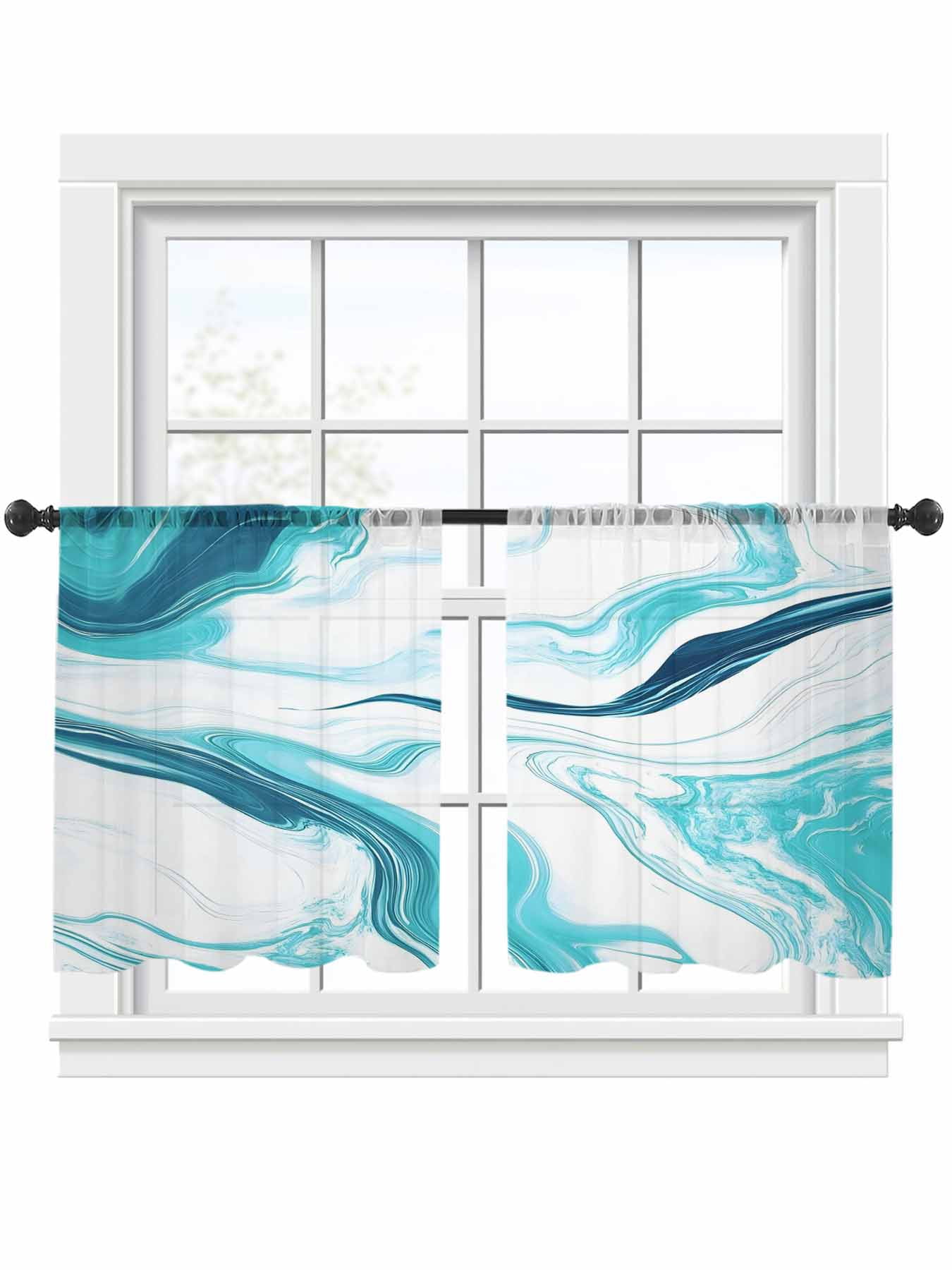 Cyan Gradient Marbles Sheer Curtains 45 Inch Long 2 Panels, Modern ...