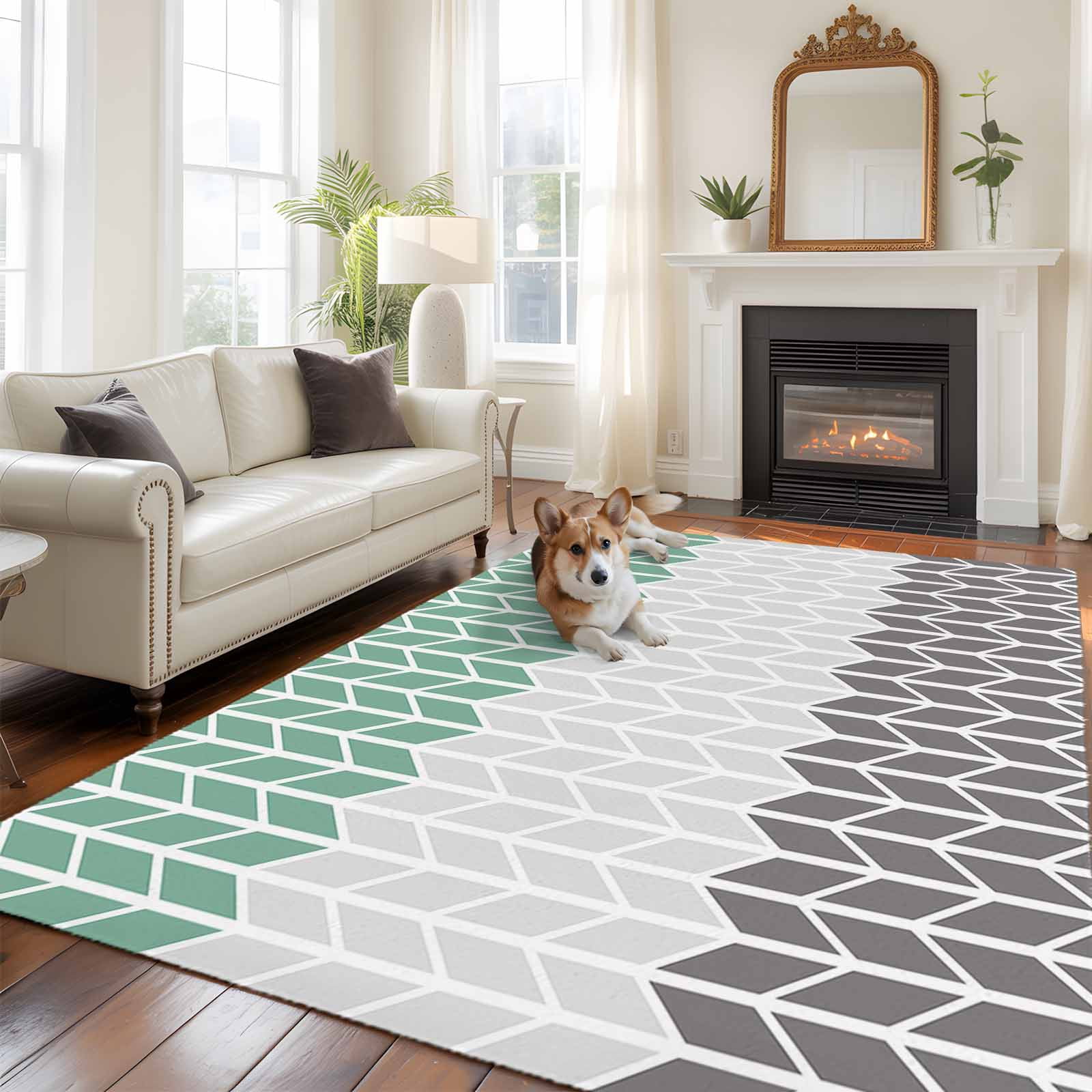 Cyan Gray Washable Area Rug 5x7 Chevron Abstract Geometric Modern Art ...