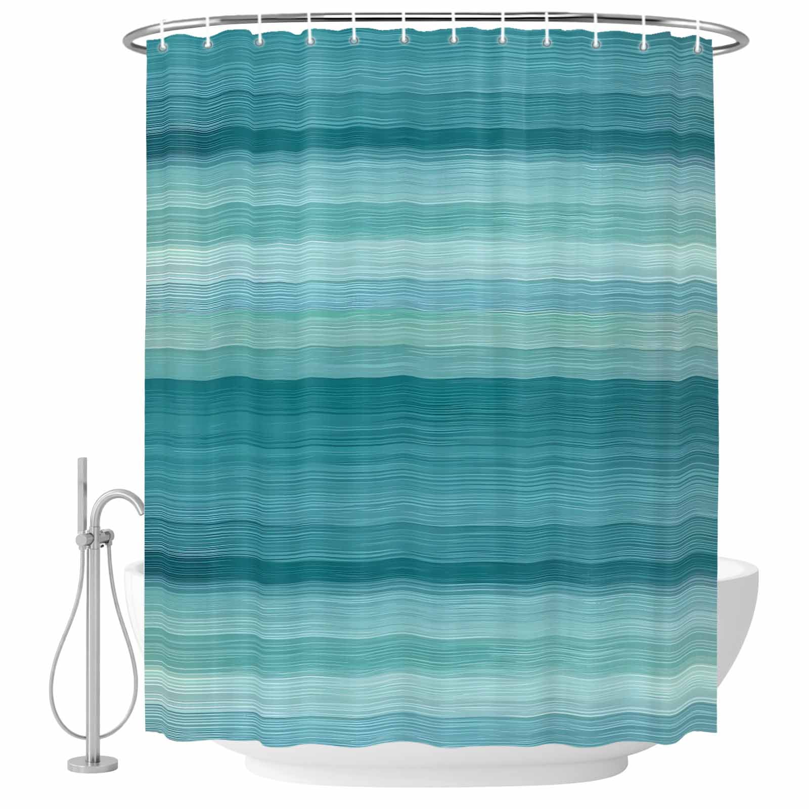 Cyan Green Bathroom Shower Curtains with Hooks, Gradient Stripe ...