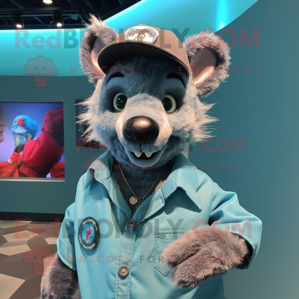 Cyan Hyena REDBROKOLY mascot costume character dressed with a Button-Up ...