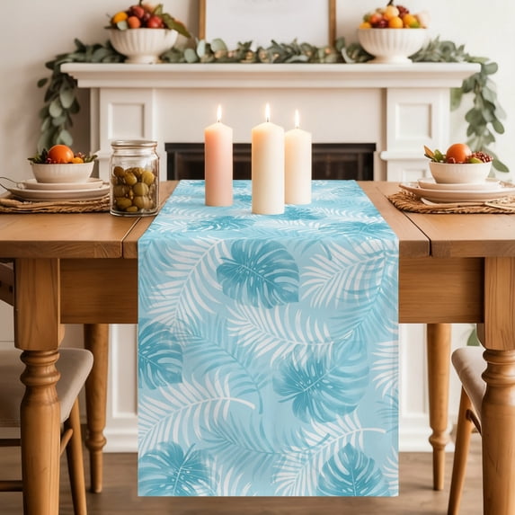Cyan Leaf Dining Table Runner, Modern Cyan Palm Leaf Monstera Washable ...