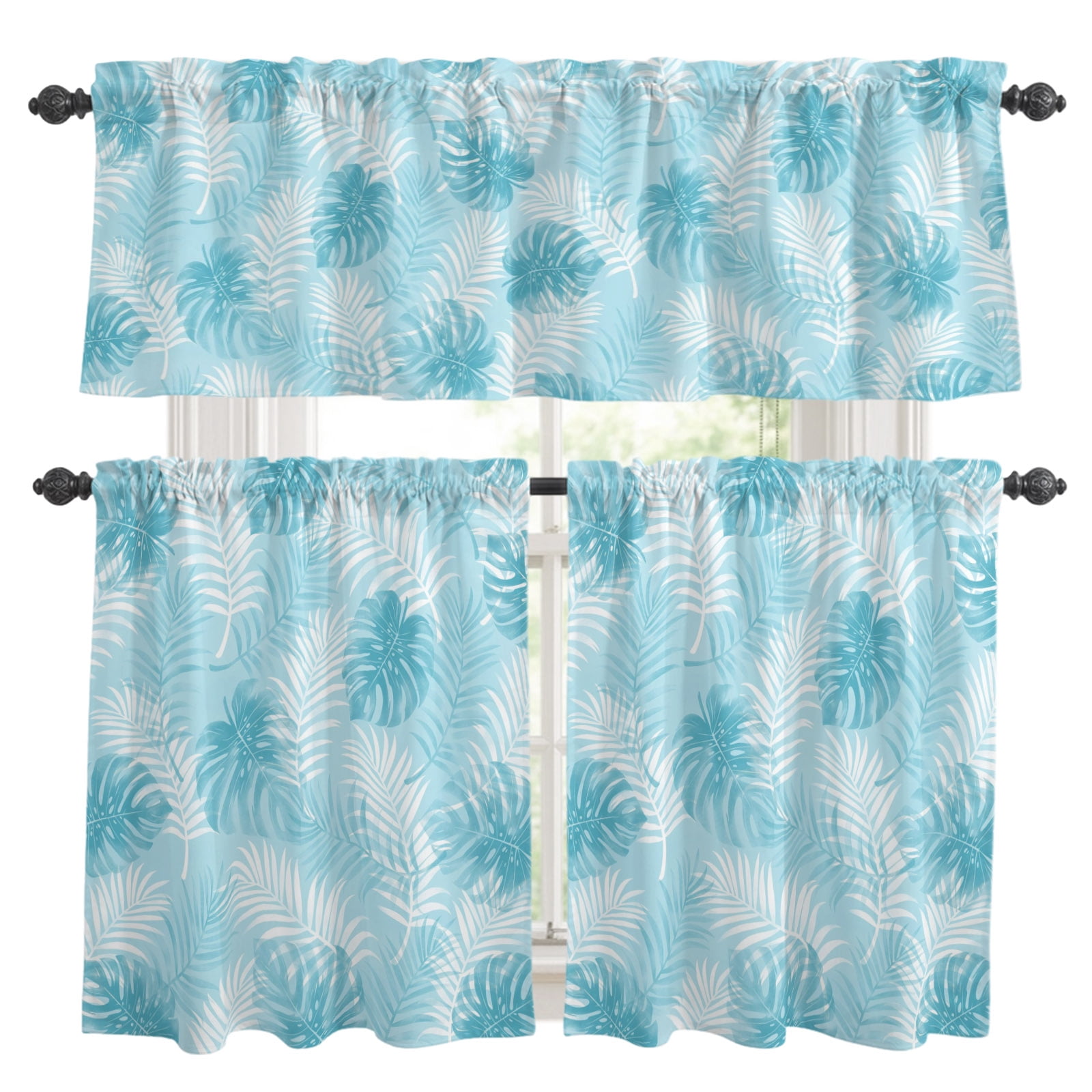 Cyan Leaf Kitchen Curtains Set for Windows, Modern Cyan Palm Leaf ...