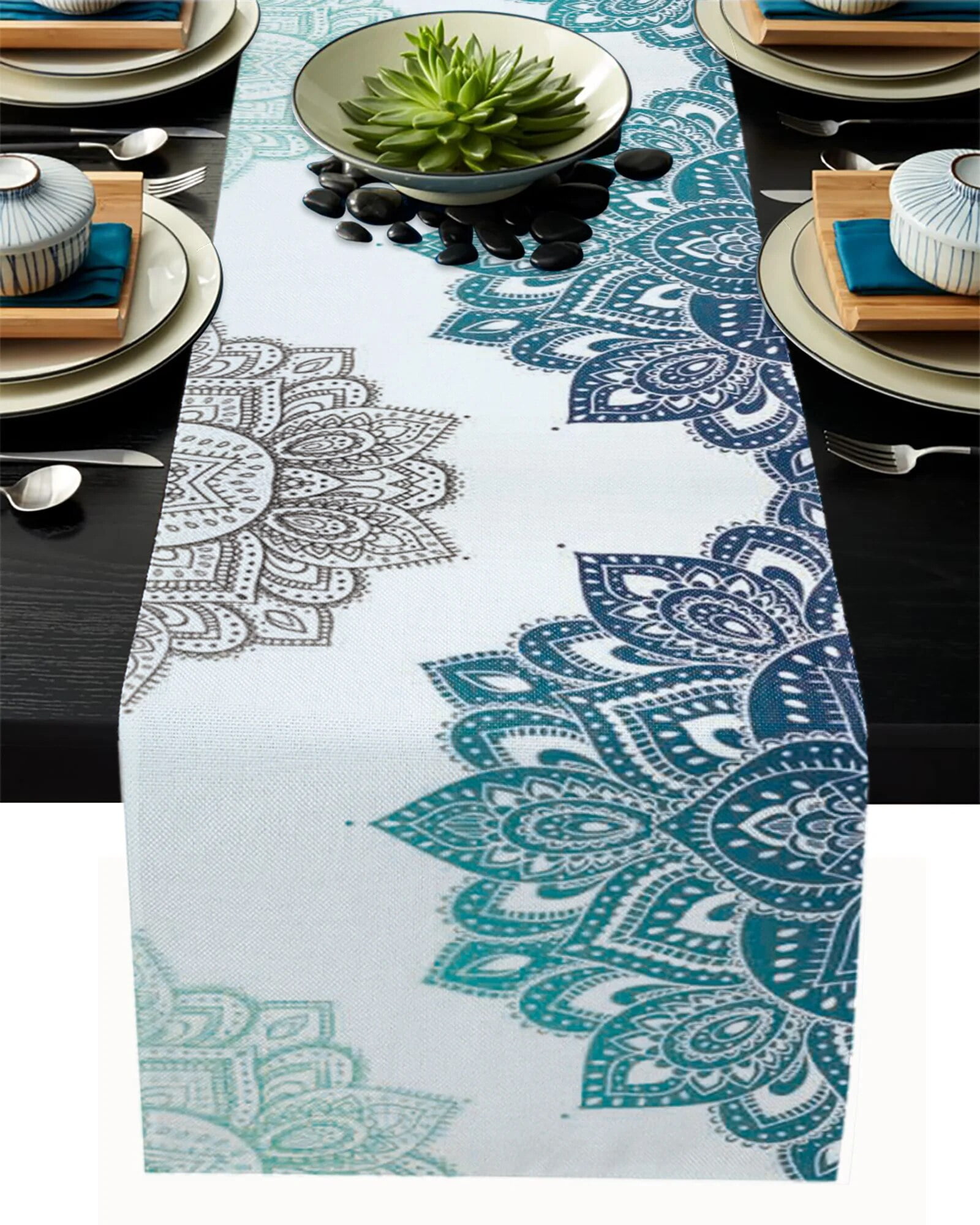 Cyan Mandala Geometric Gradient Table Runner Luxury Dinning Decor Hotel ...