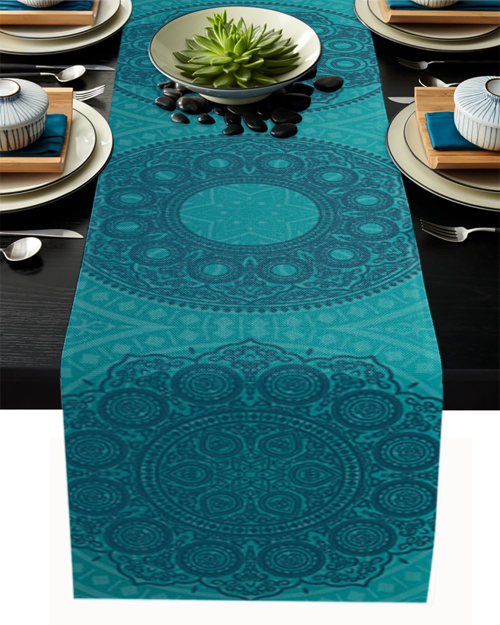 Cyan Mandala Geometric Gradient Table Runner Luxury Dinning r Placemat ...