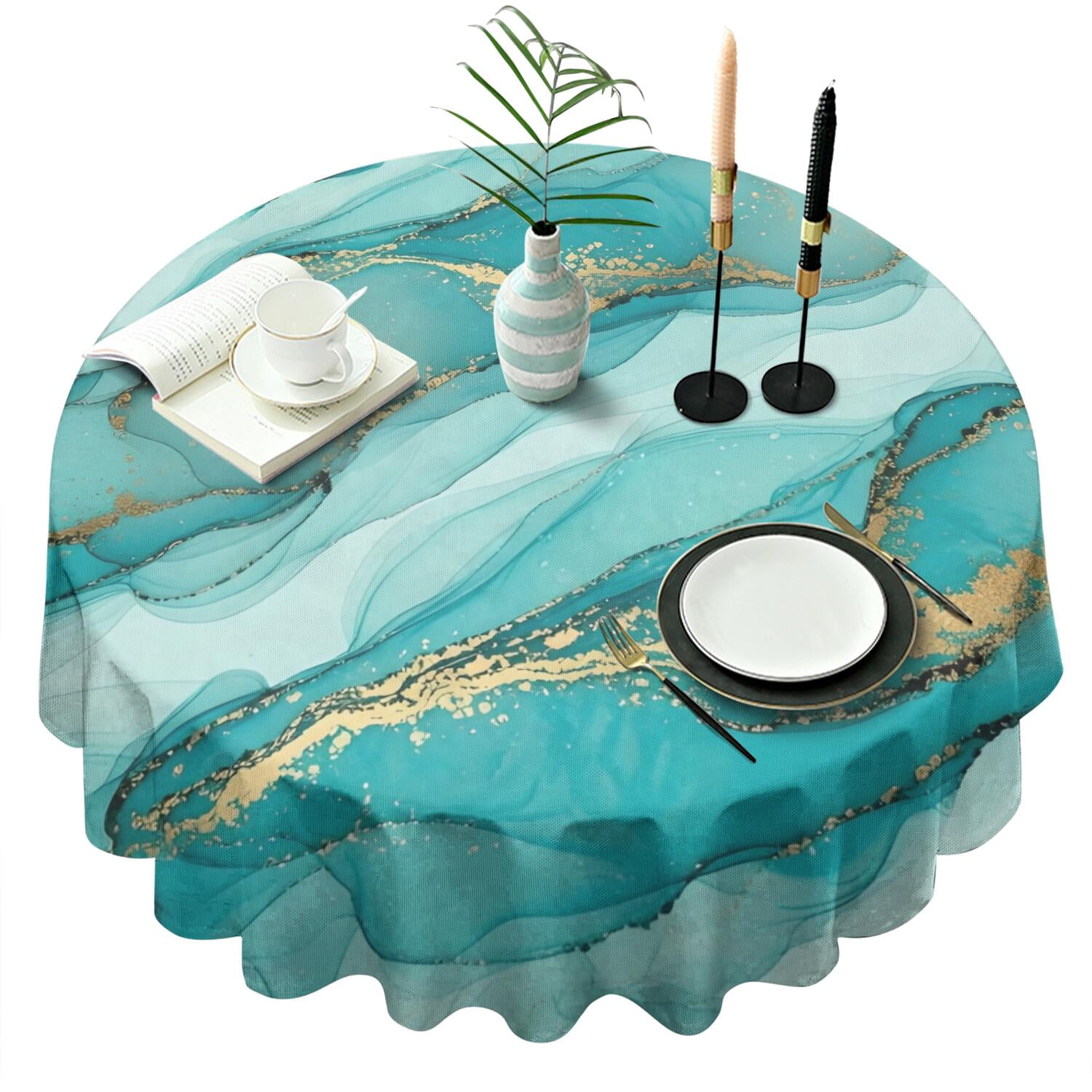Cyan Marble Gold Spot Pattern Round Tablecloth 60"x60",Wrinkle Wipeable ...