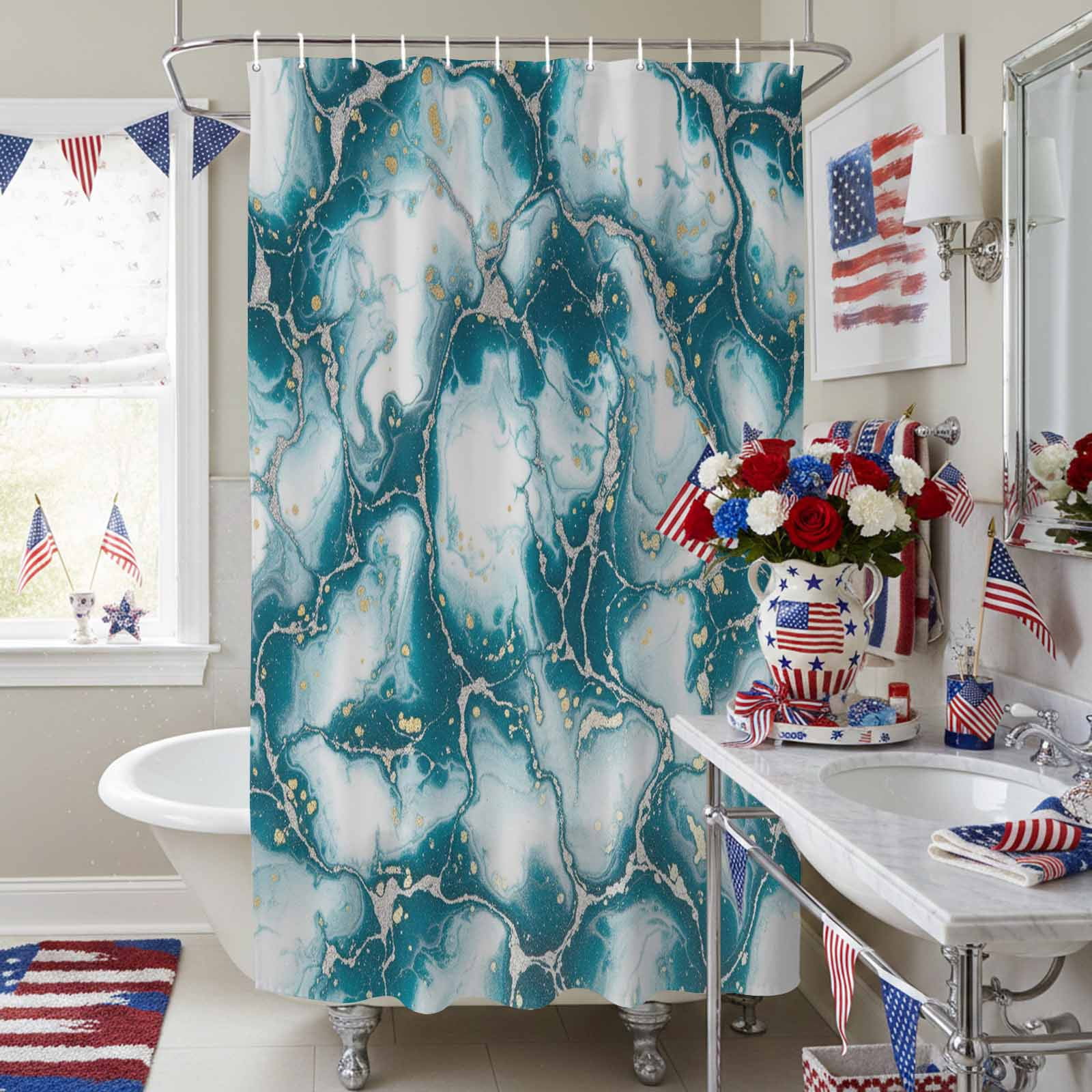 Cyan Marble Texture Shower Curtain for Bathroom, Abstract Geometric Art ...