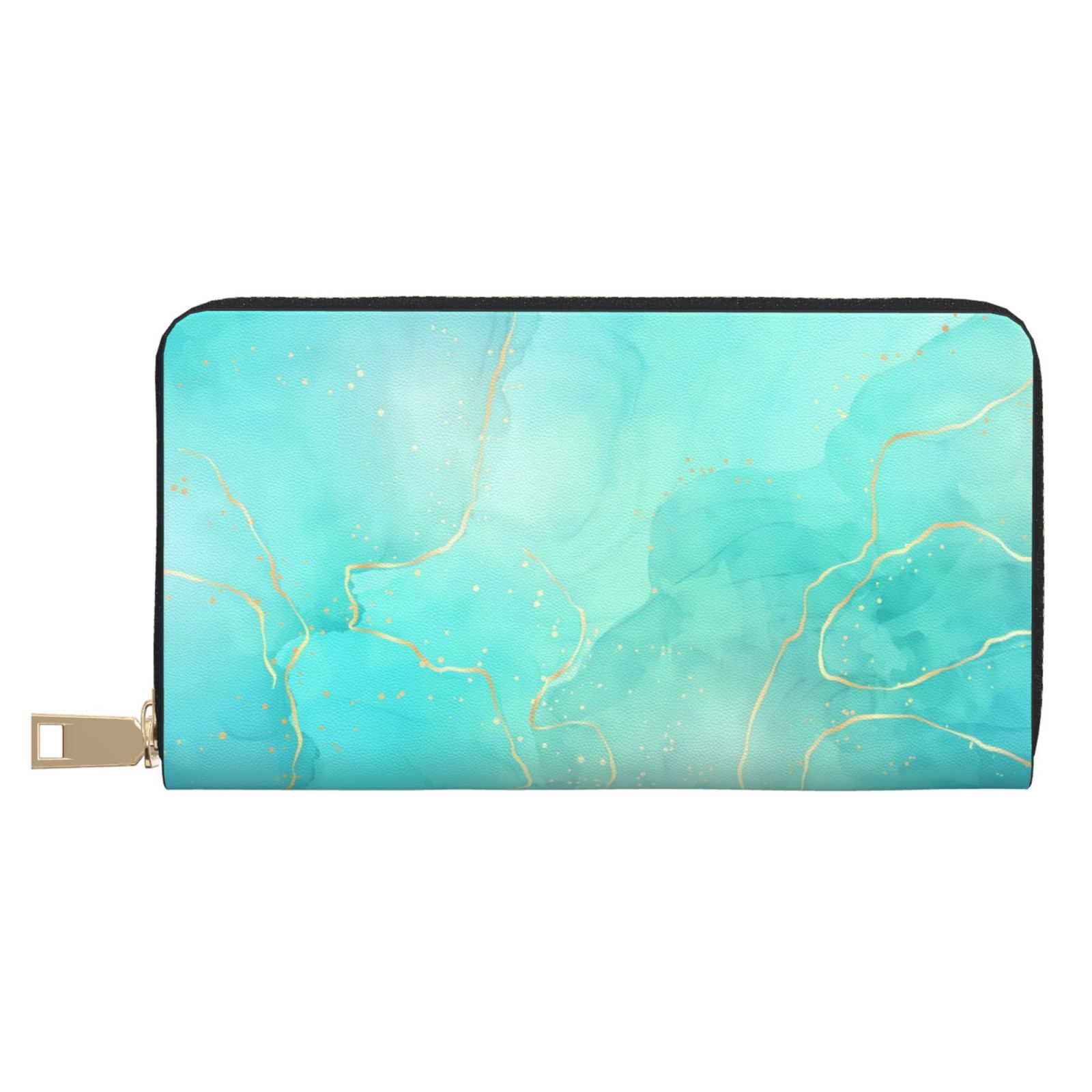 Cyan Mint Marble Wallet Women, Leather Bifold Multi Card Wallet, Women's Wallets, Long Purse ...