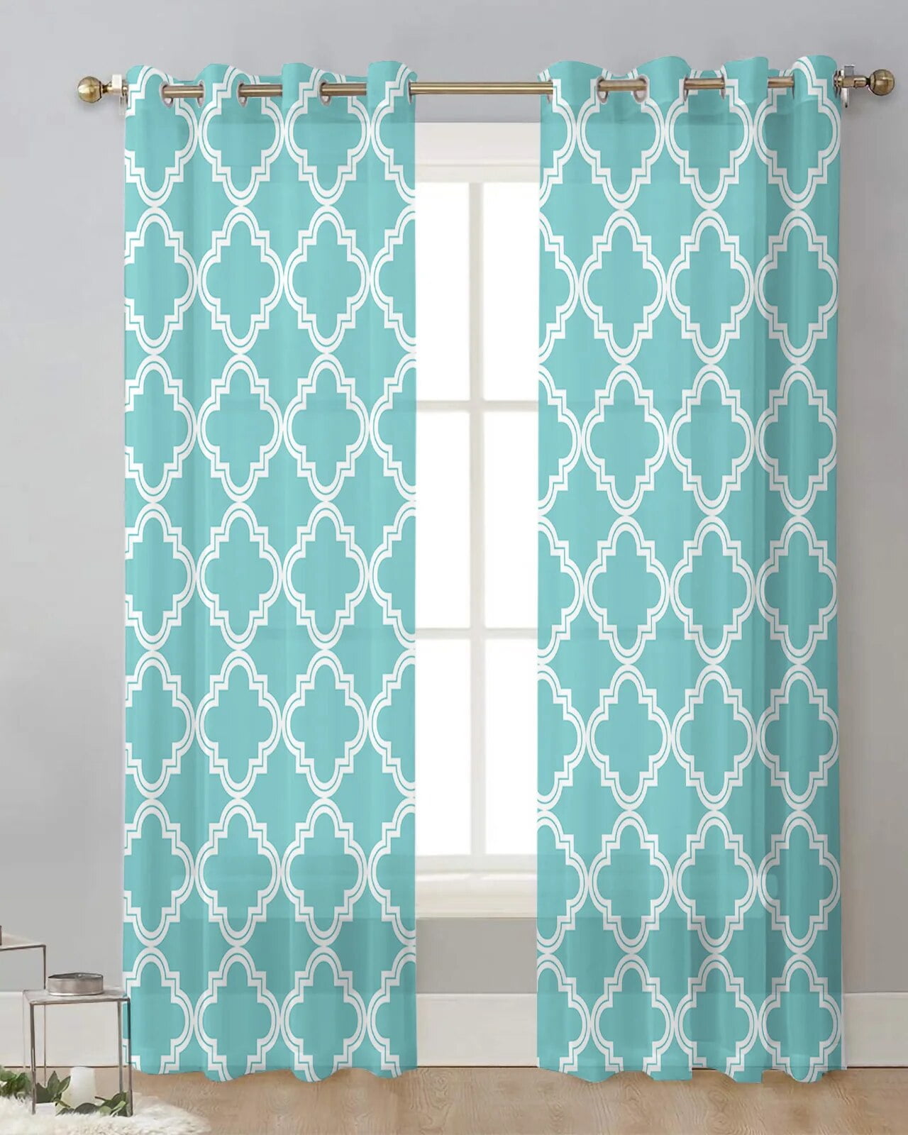 Cyan Moroccan Pattern Bedroom Sheer Window Curtains Living Room Tulle ...