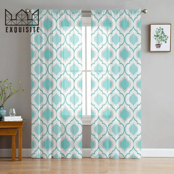 Cyan Moroccan Pattern Home Tulle Curtains for Bedroom Living Room Printed Sheer Curtains for ...