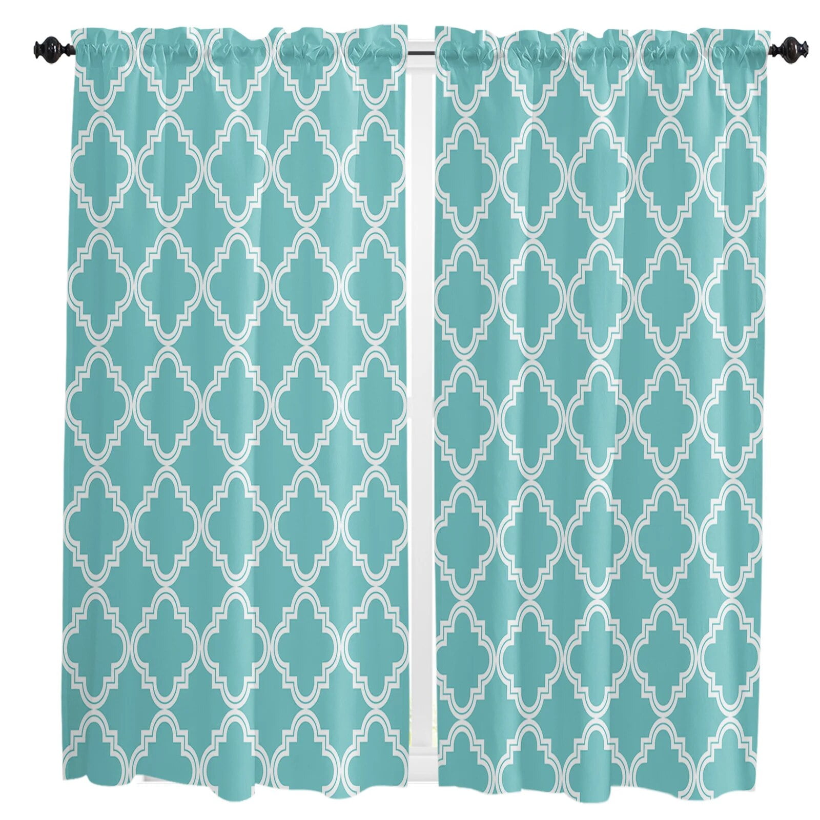 Cyan Moroccan Pattern Small Curtain Rod Pocket Short Curtains Half ...