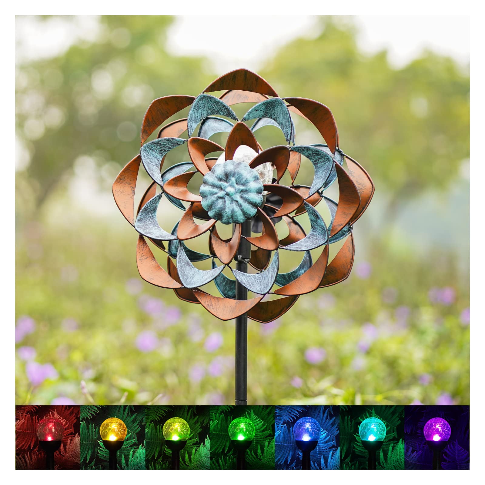 Cyan Oasis Solar Wind Spinner with Light, Outdoor Metal Wind Spinners ...