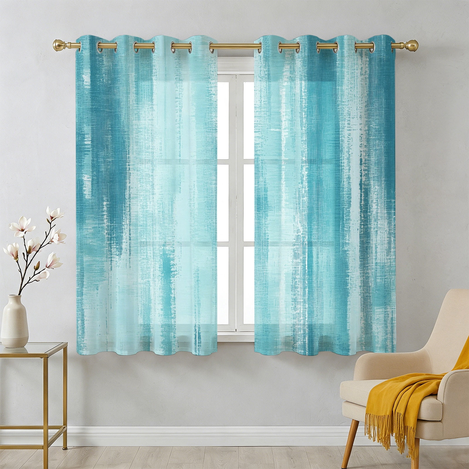 Cyan Paint Sheer Curtains 45 Inch Long 2 Panels, Modern Abstract Blue ...