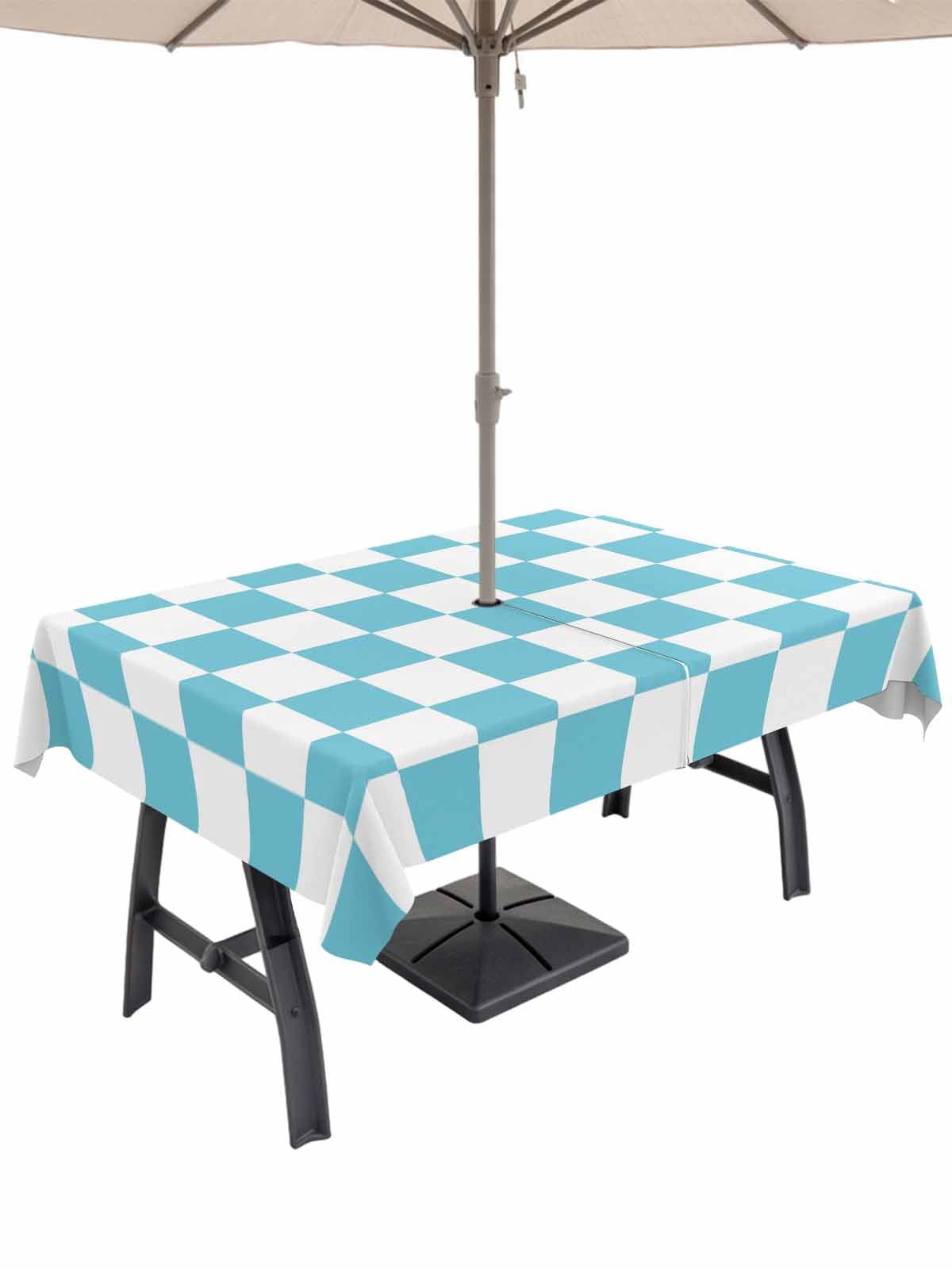 Cyan Plaid Rectangle Outdoor Tablecloth with Umbrella Hole Modern ...
