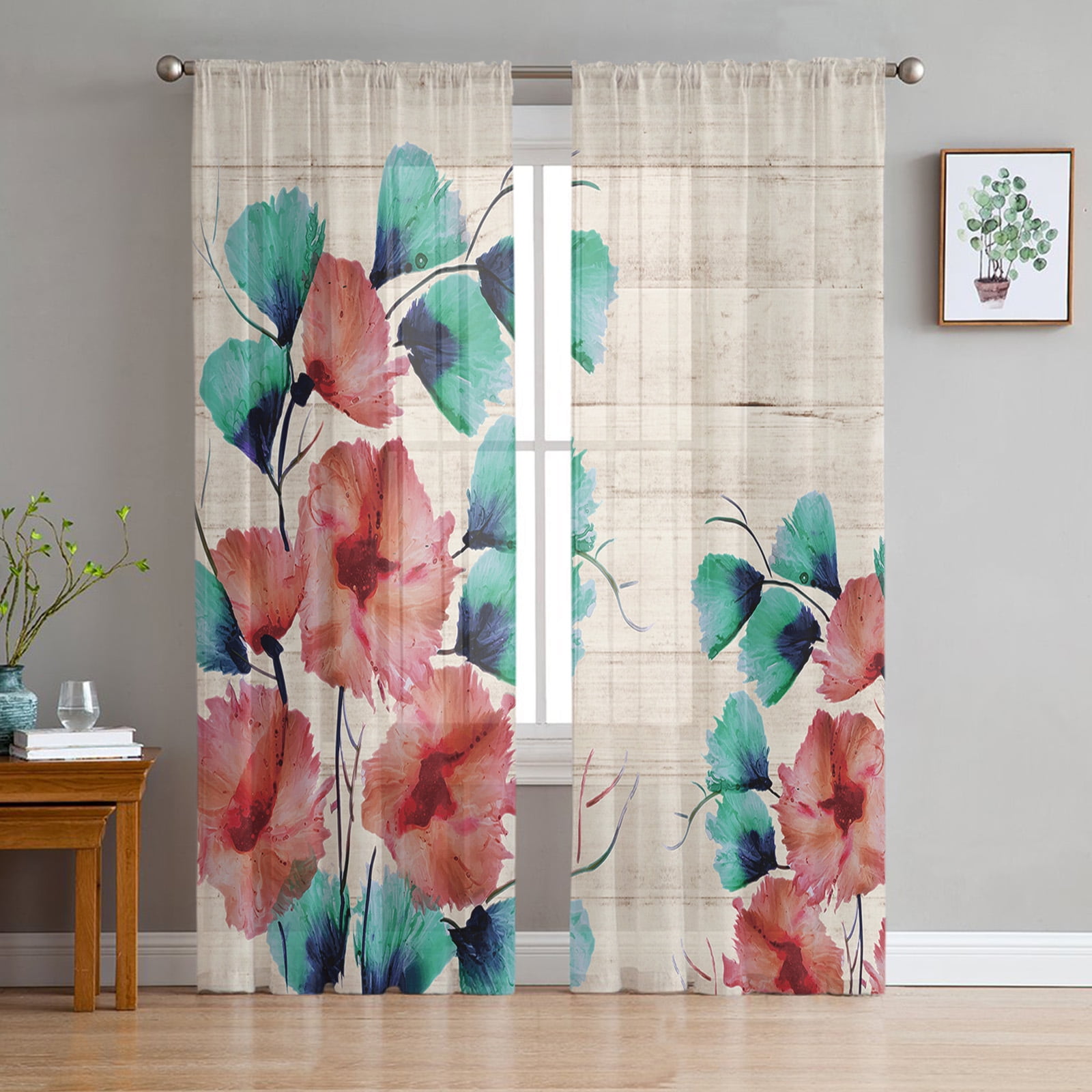 Cyan Red Flower Wooden Texture Tulle Sheer Curtains for Living Room ...