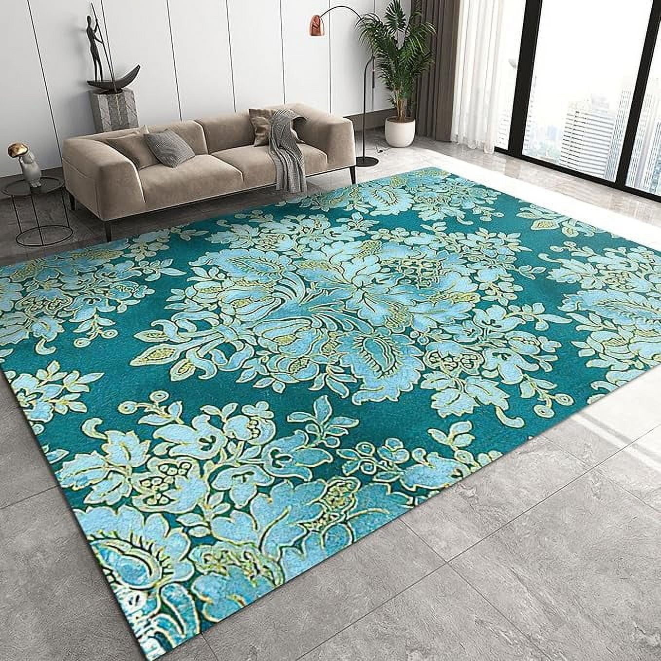 Cyan Retro Floral Texture Area Rug, Light Luxury Style Tea Table Sofa ...