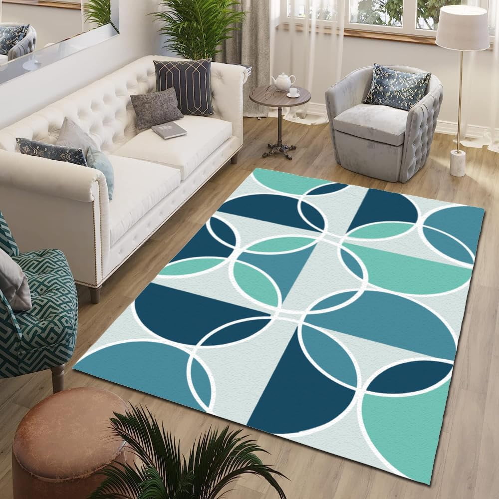Cyan Round Lines Area Rug 12"x20" for Bedroom, Minimalist Lines ...