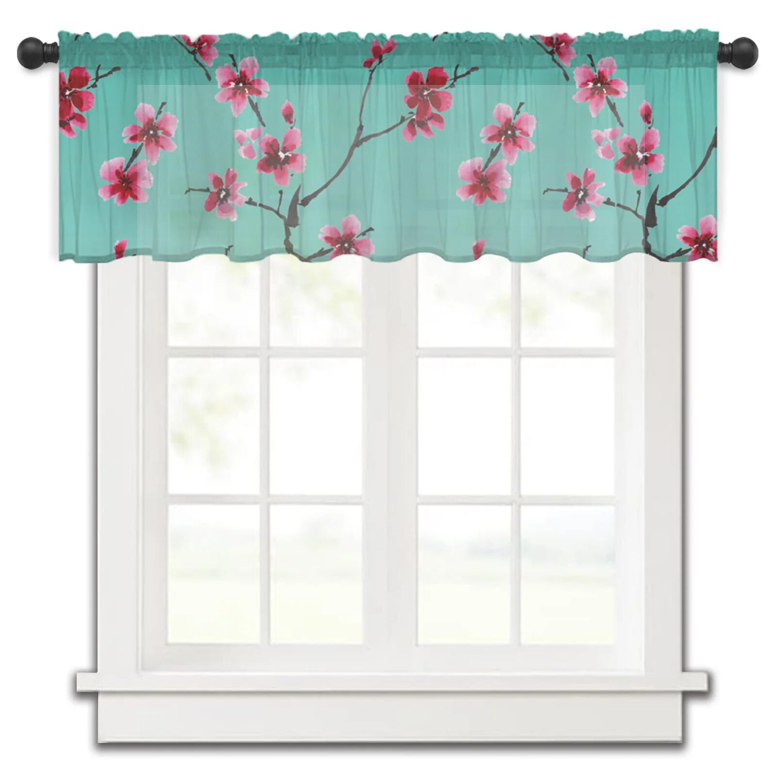 Cyan Spring Cherry Blossom Short Sheer Window Curtain Tulle Curtains ...