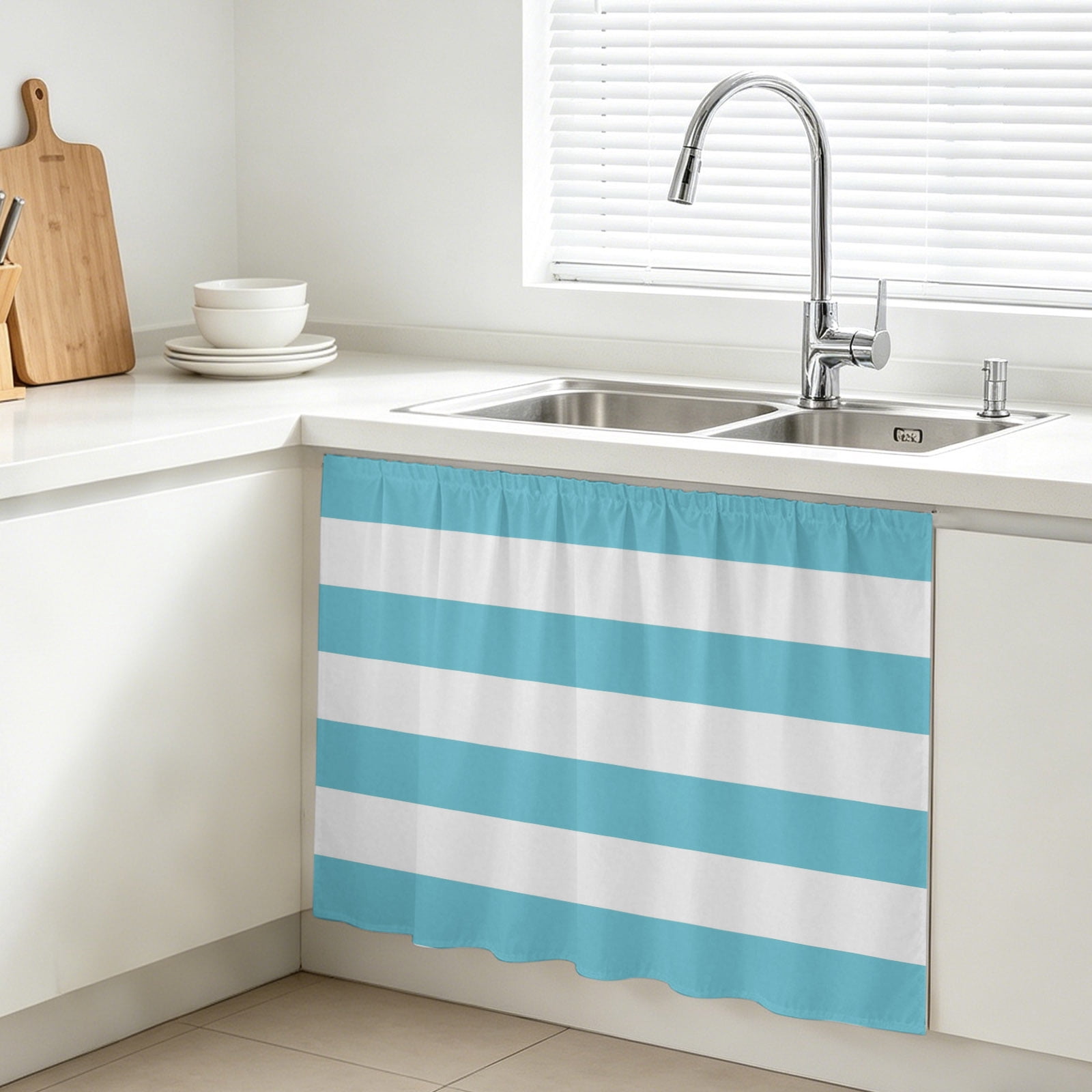 Cyan Stripes Cabinet Curtain, Modern Artistic Parallel Lines Sink Skirt ...