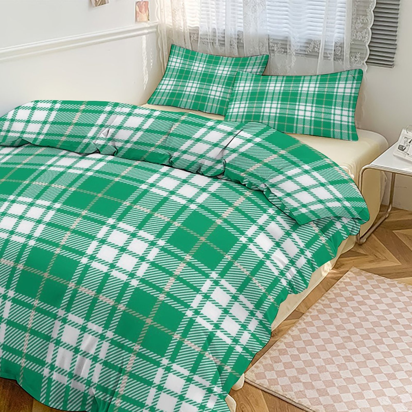 Cyan Tartan Plaid Quilt Set 90"x90" Soft 3 Pieces Bedding Set All ...