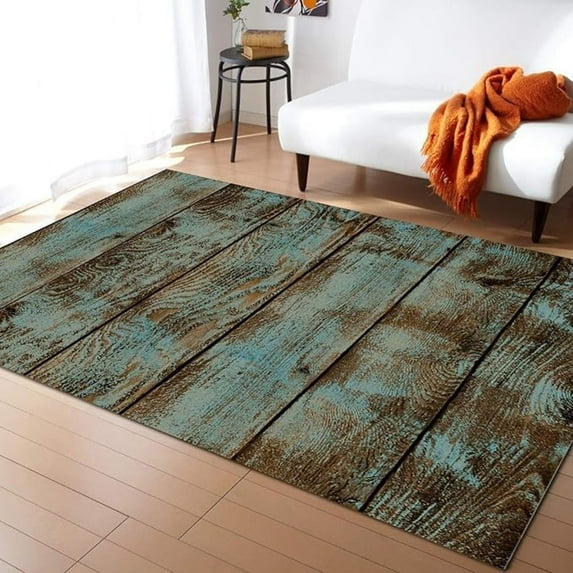 Cyan Turquoise Brown Vintage Wood Grain Area Rug, Farmhouse Distressed ...