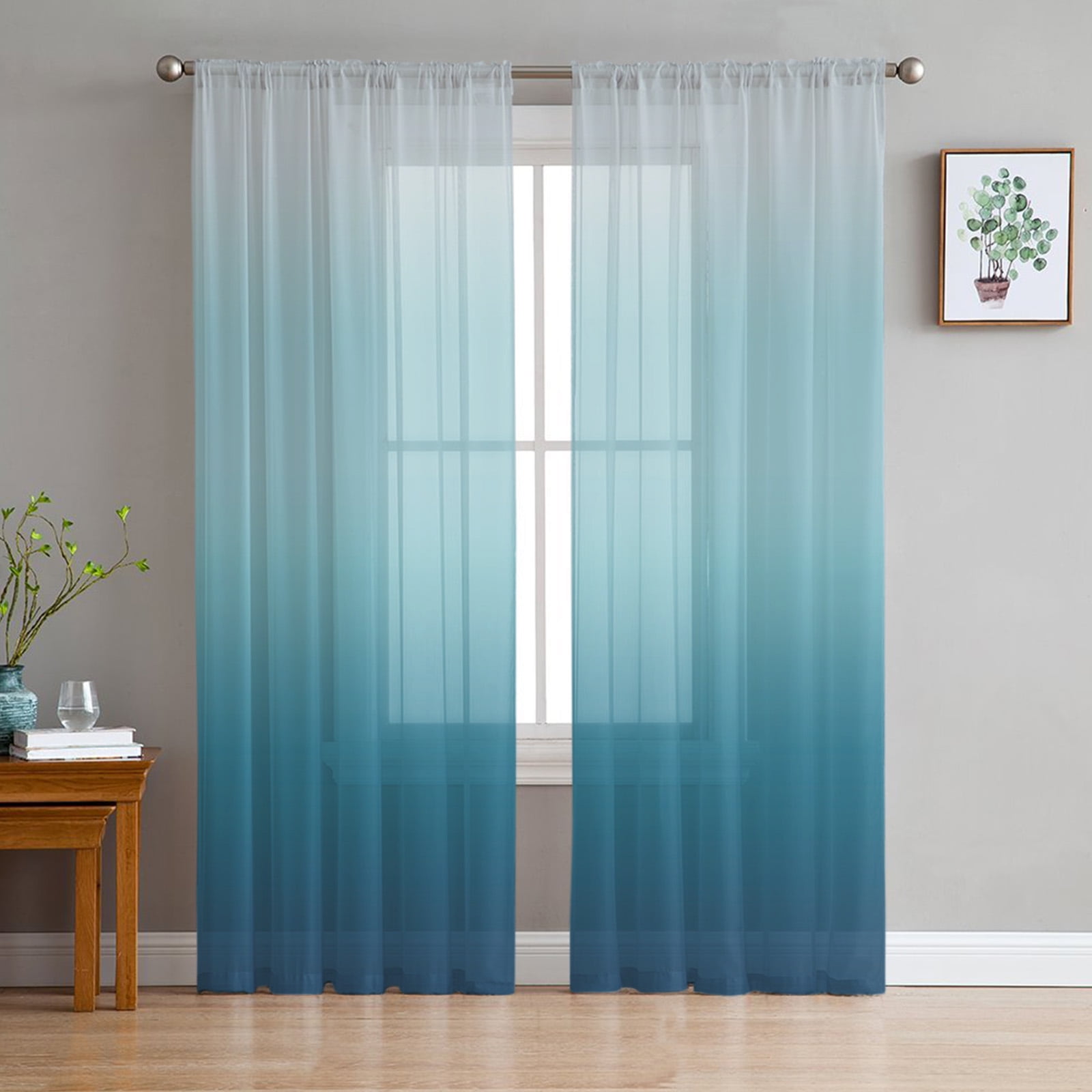 Cyan Turquoise Gradient Tulle in Sheer Curtains for Living Room Bedroom ...