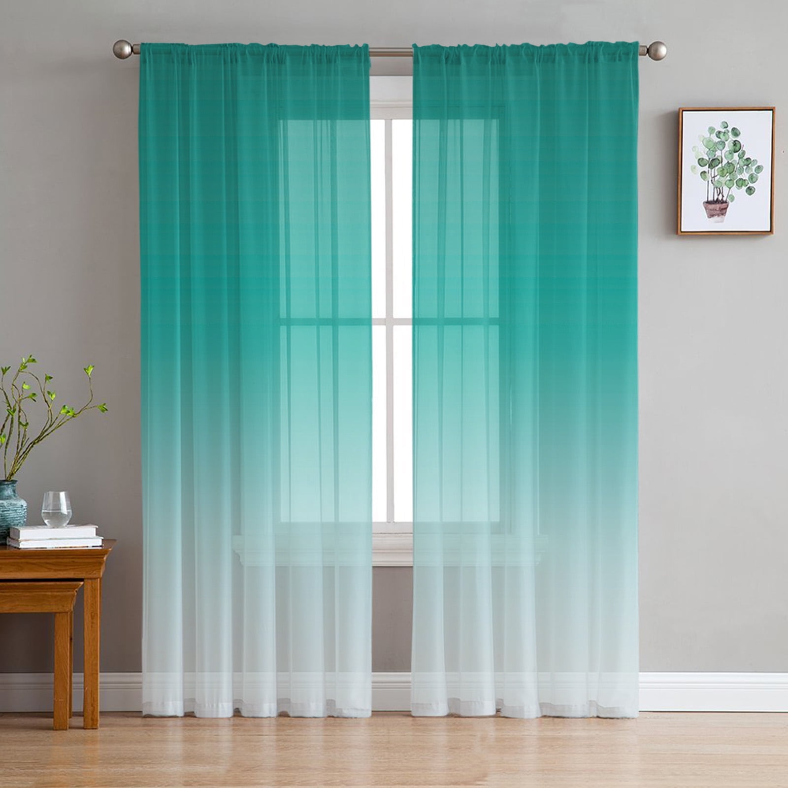 Cyan Turquoise Gradient Tulle in Sheer Curtains for Living Room Bedroom ...