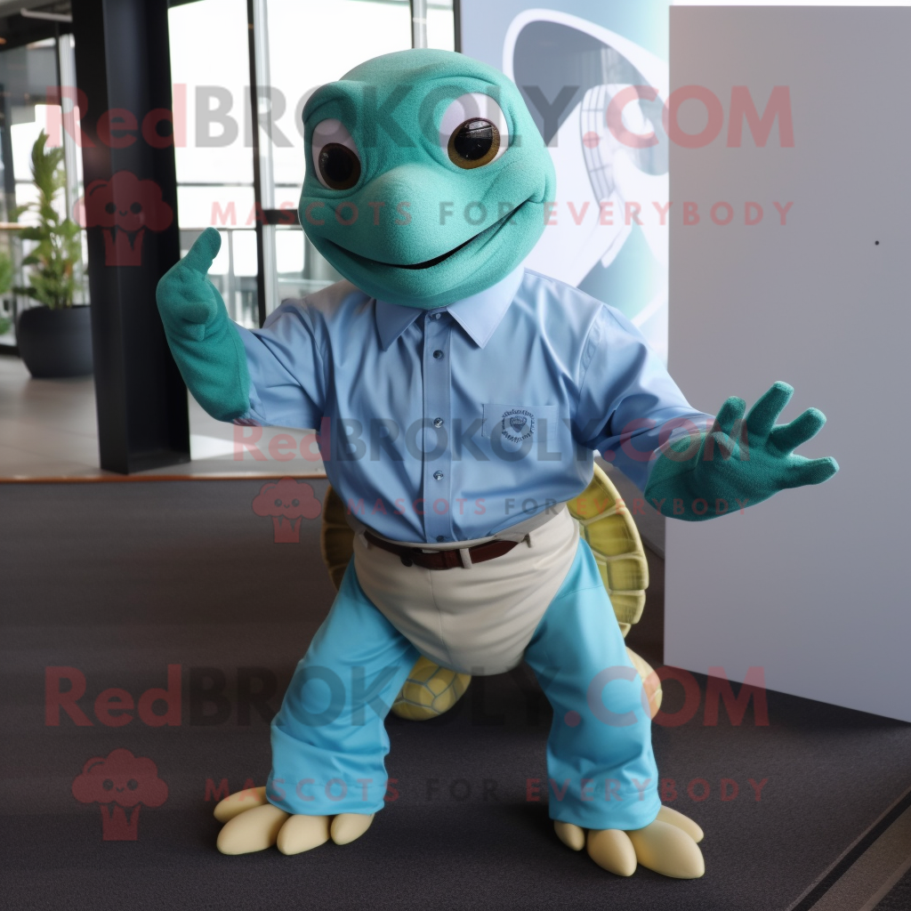 Cyan Turtle REDBROKOLY mascot costume character dressed with a Button ...
