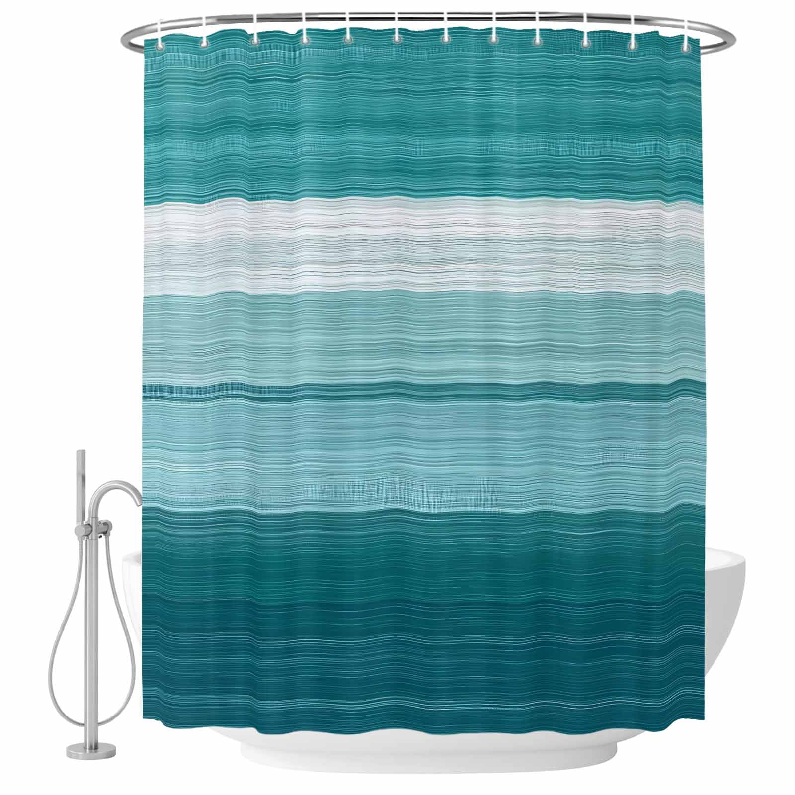 Cyan White Bathroom Shower Curtains with Hooks, Gradient Stripe ...