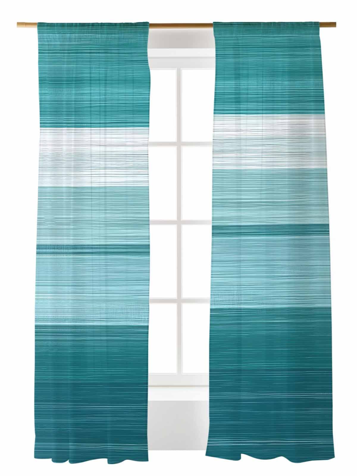 Cyan White Sheer Curtains 108 Inch Long 2 Panels, Gradient Stripe ...