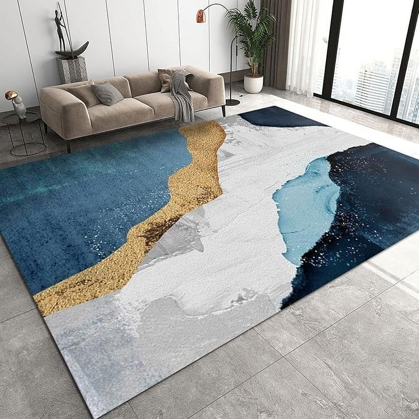 Cyan White Swirl Watercolor Carpet For Living Room, Modern Art Marble ...