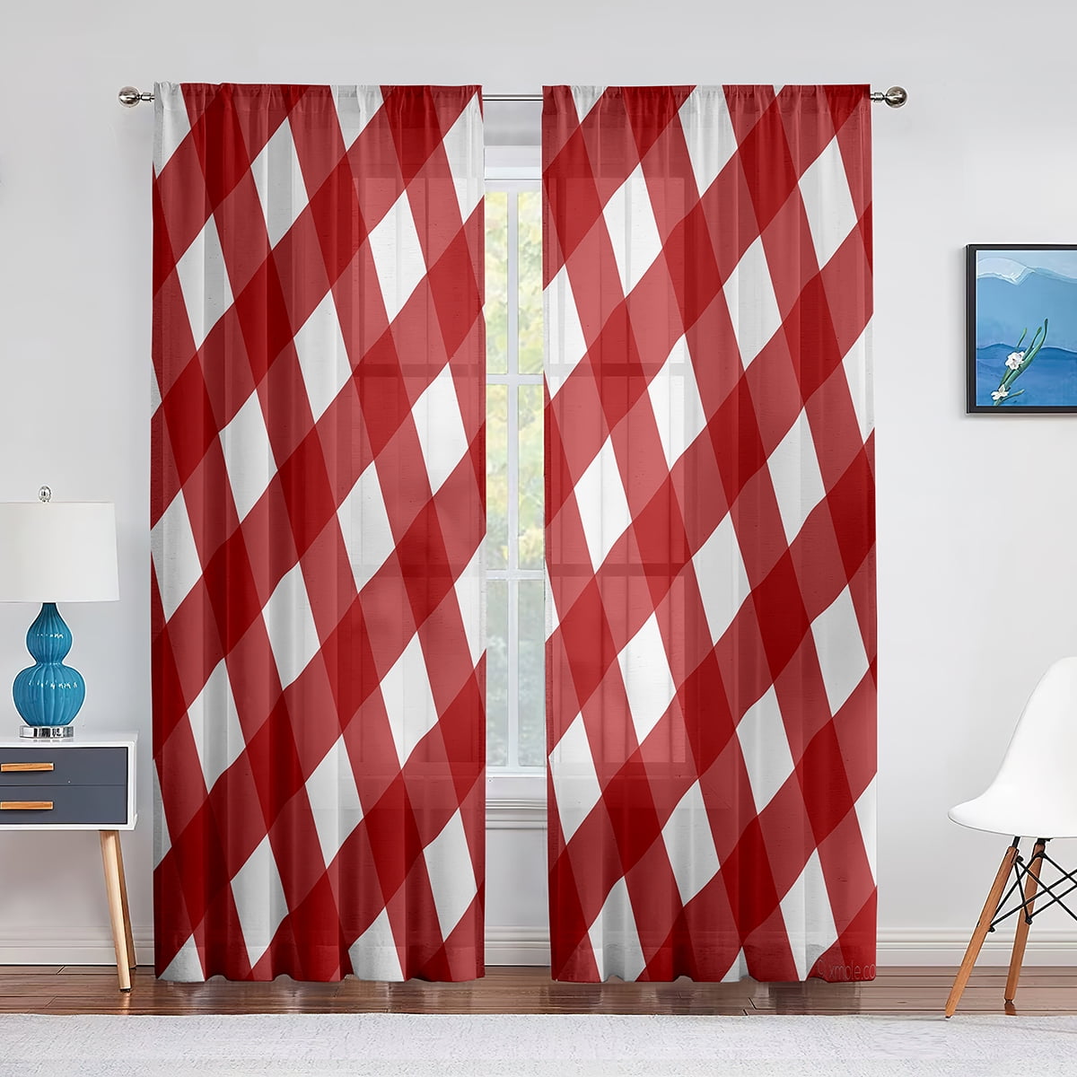 Cyan and Pink Checkered pattern Tulle Curtains for Living Room Bedroom ...