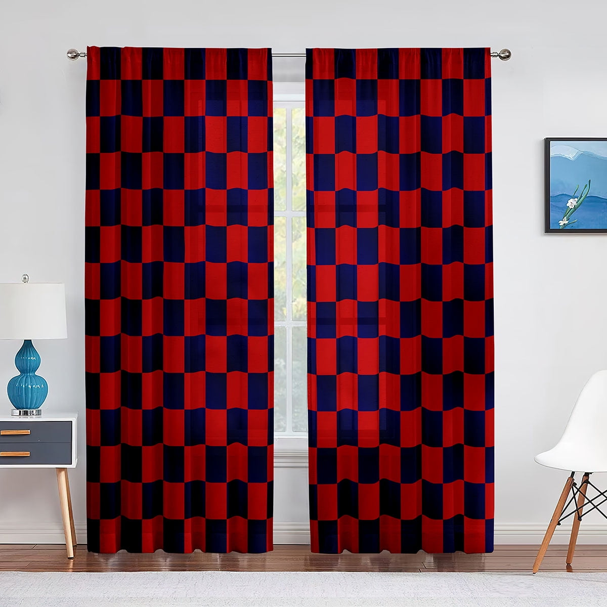 Cyan and Pink Checkered pattern Tulle Curtains for Living Room Bedroom ...