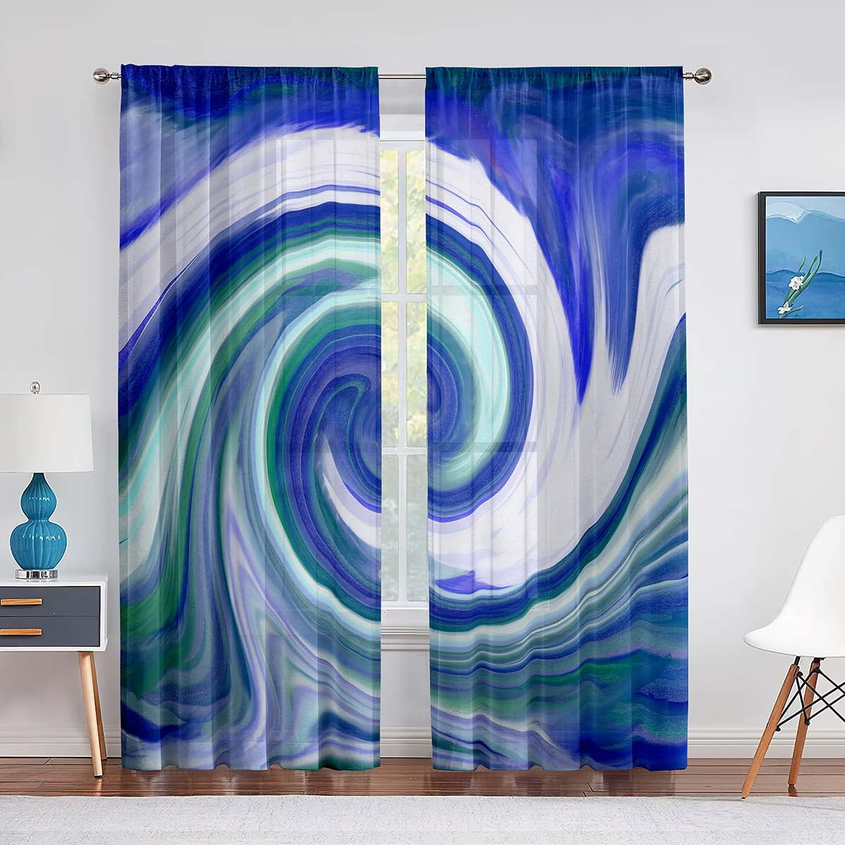 Cyan-blue Psychedelic Trippy Hippie Swirl Tulle Curtains for Living Room ration Chiffon Sheer ...