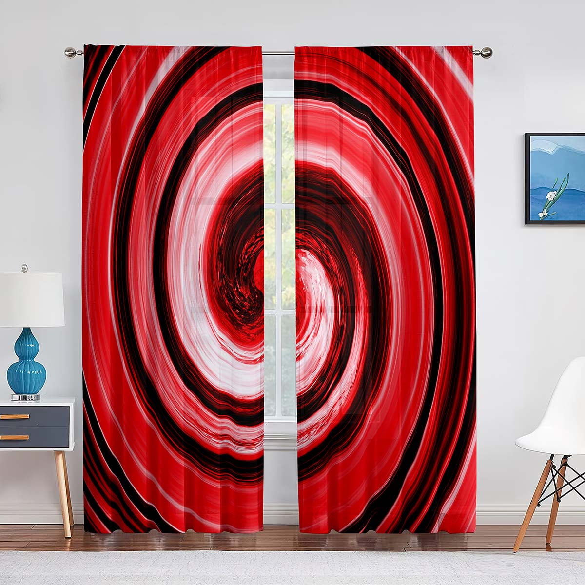 Cyan-blue Psychedelic Trippy Hippie Swirl Tulle Curtains for Living Room ration Chiffon Sheer ...