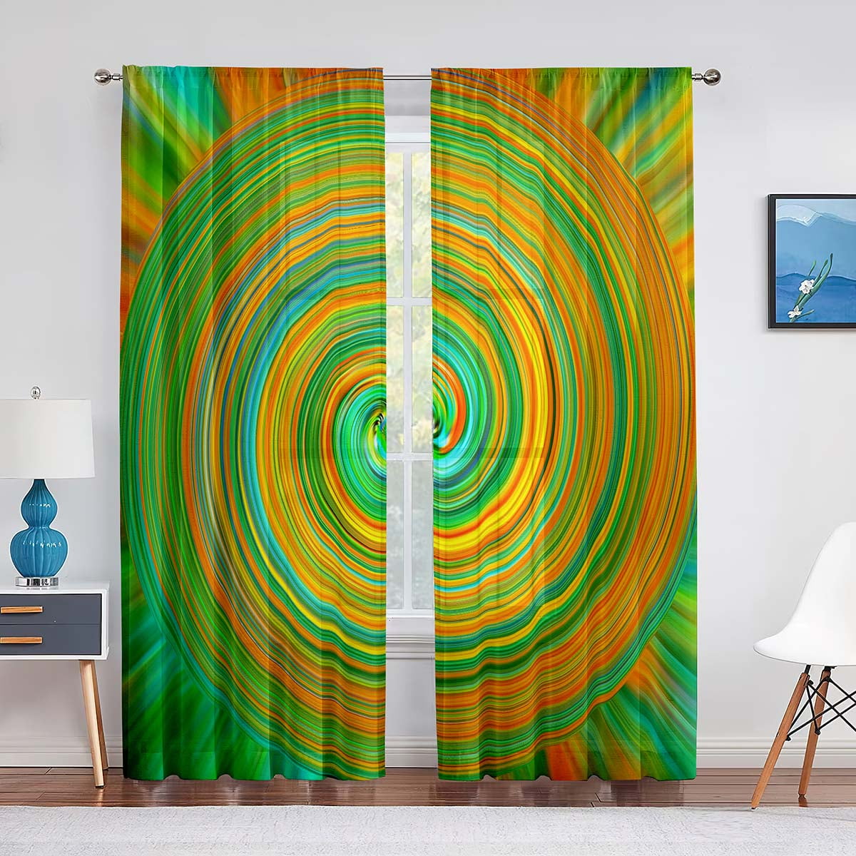 Cyan-blue Psychedelic Trippy Hippie Swirl Tulle Curtains for Living ...