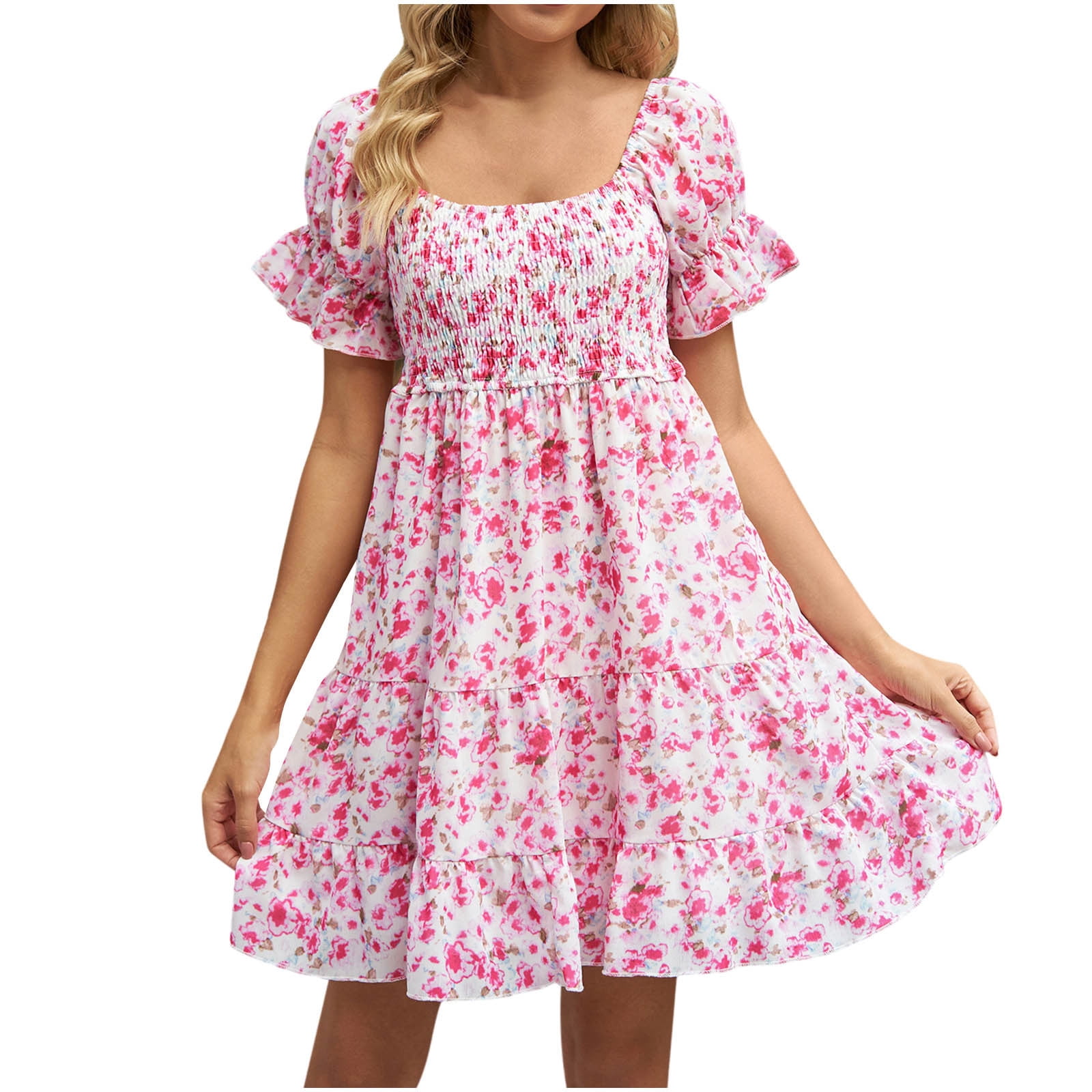 Dyegold Sun Dresses Women Summer Casual Short Sleeve Boho Ruffle Flowy ...