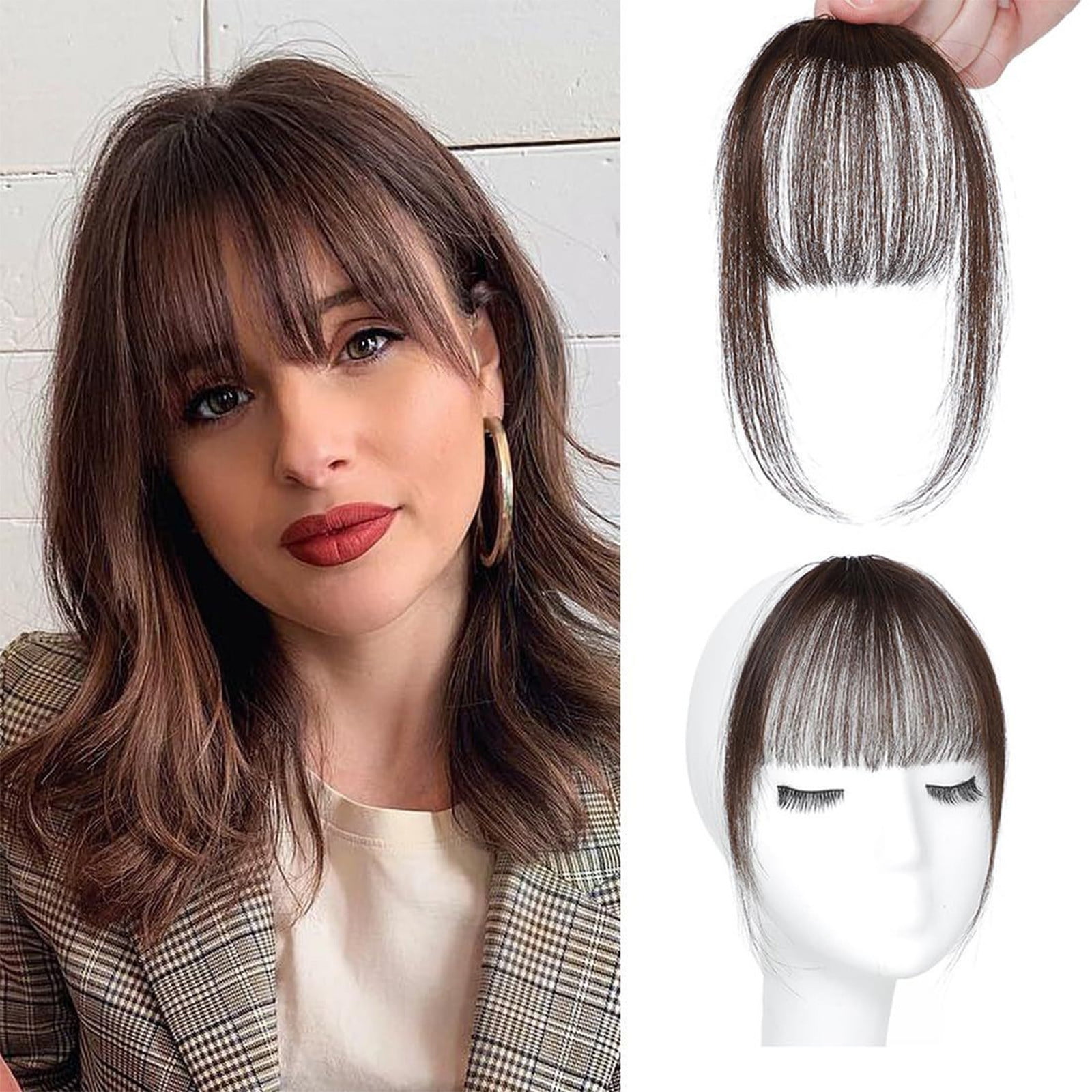 Rkxzt Clip-In Real Hair Bangs, Semi-Hand-Woven Brown Black Fringe ...