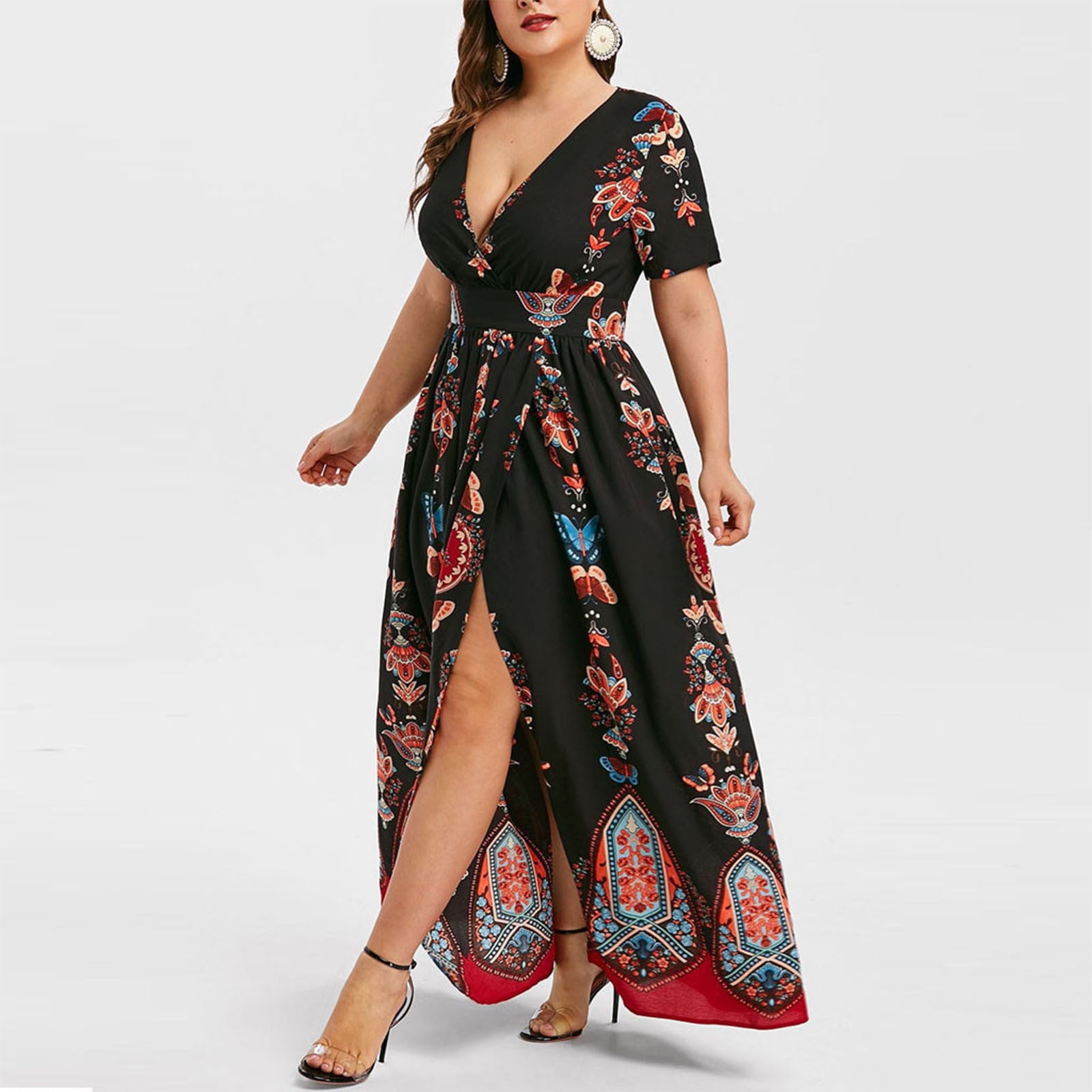 Usmixi Womens Dresses Plus Size Vintage Empire Waist Pleated Slit Swing ...